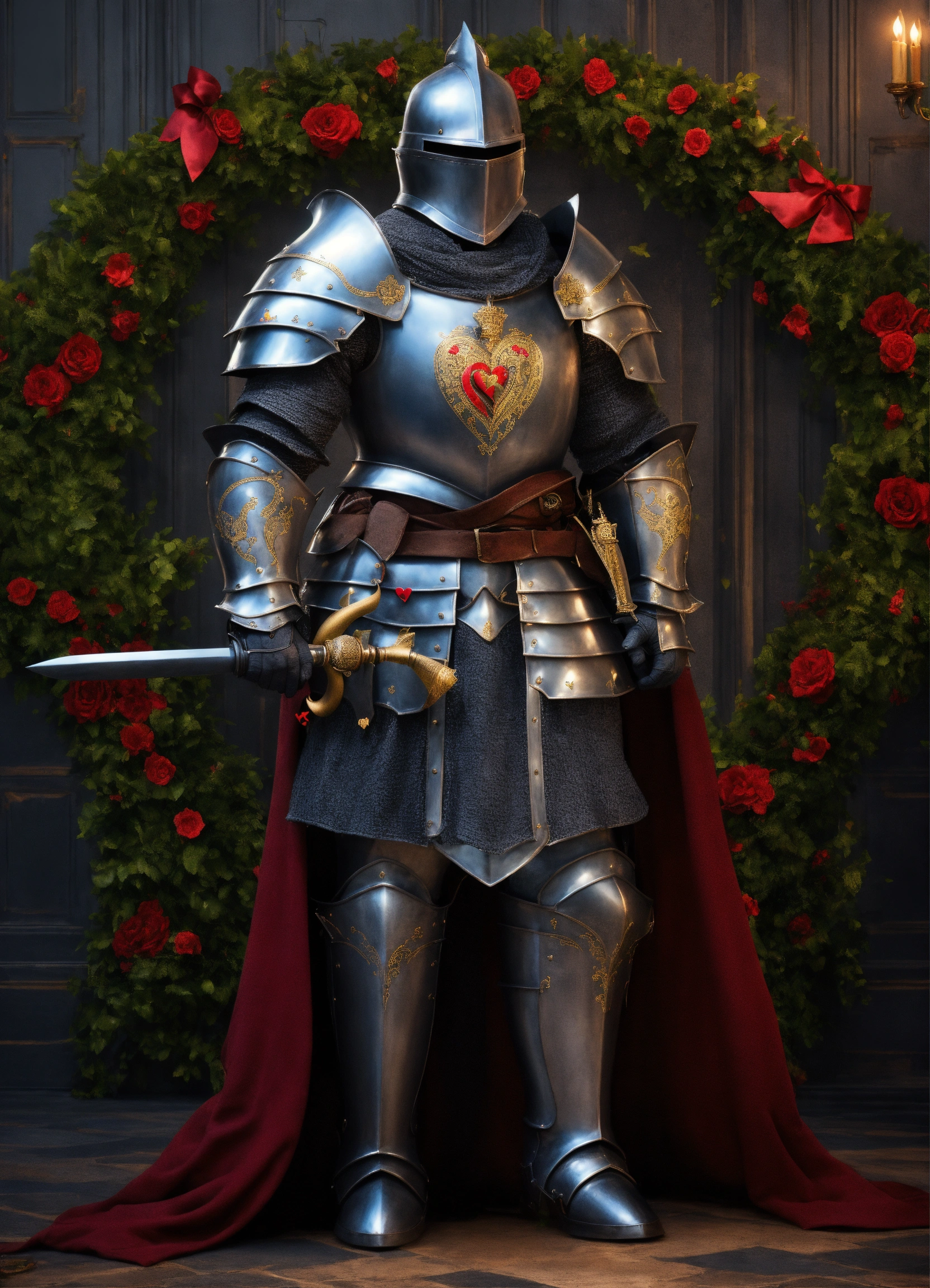 Lexica - Huge knight in dark gray armor with heart shaped decorations ...