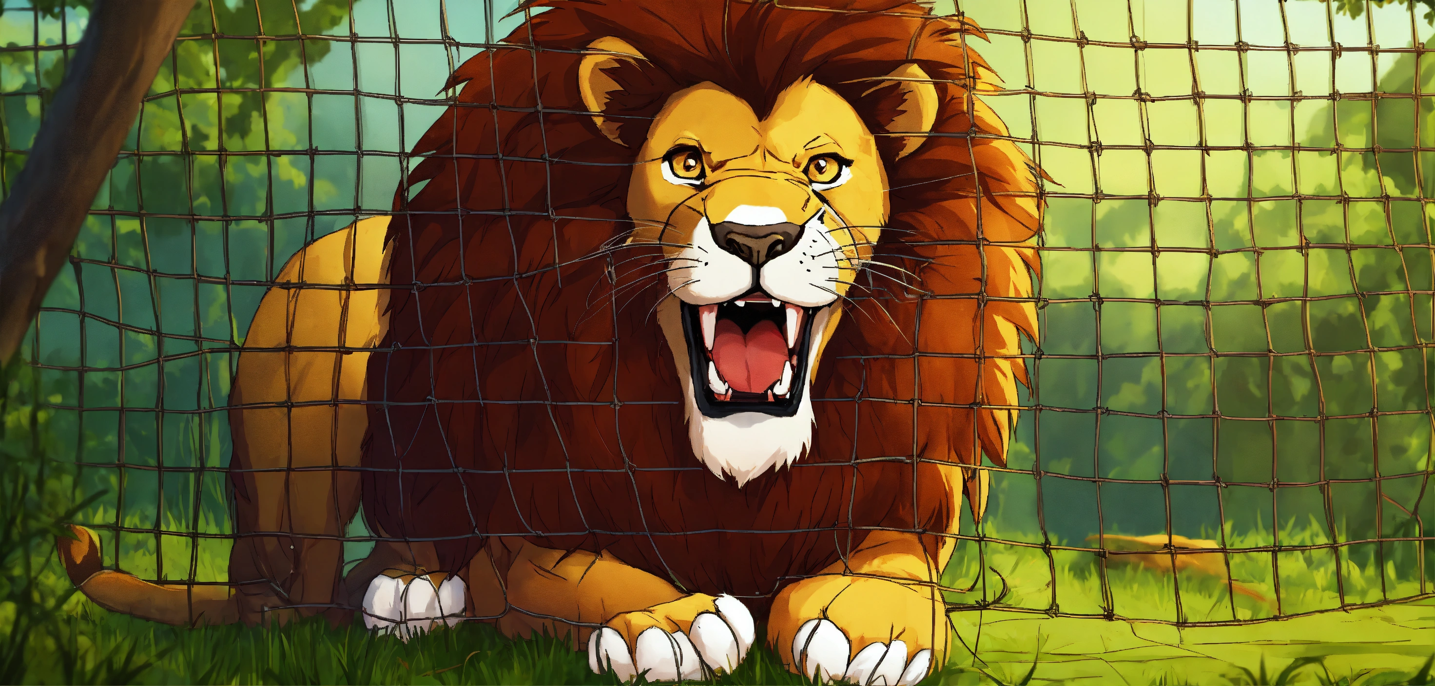 Lexica - Cartoon big lion was captured and trapped in a full net