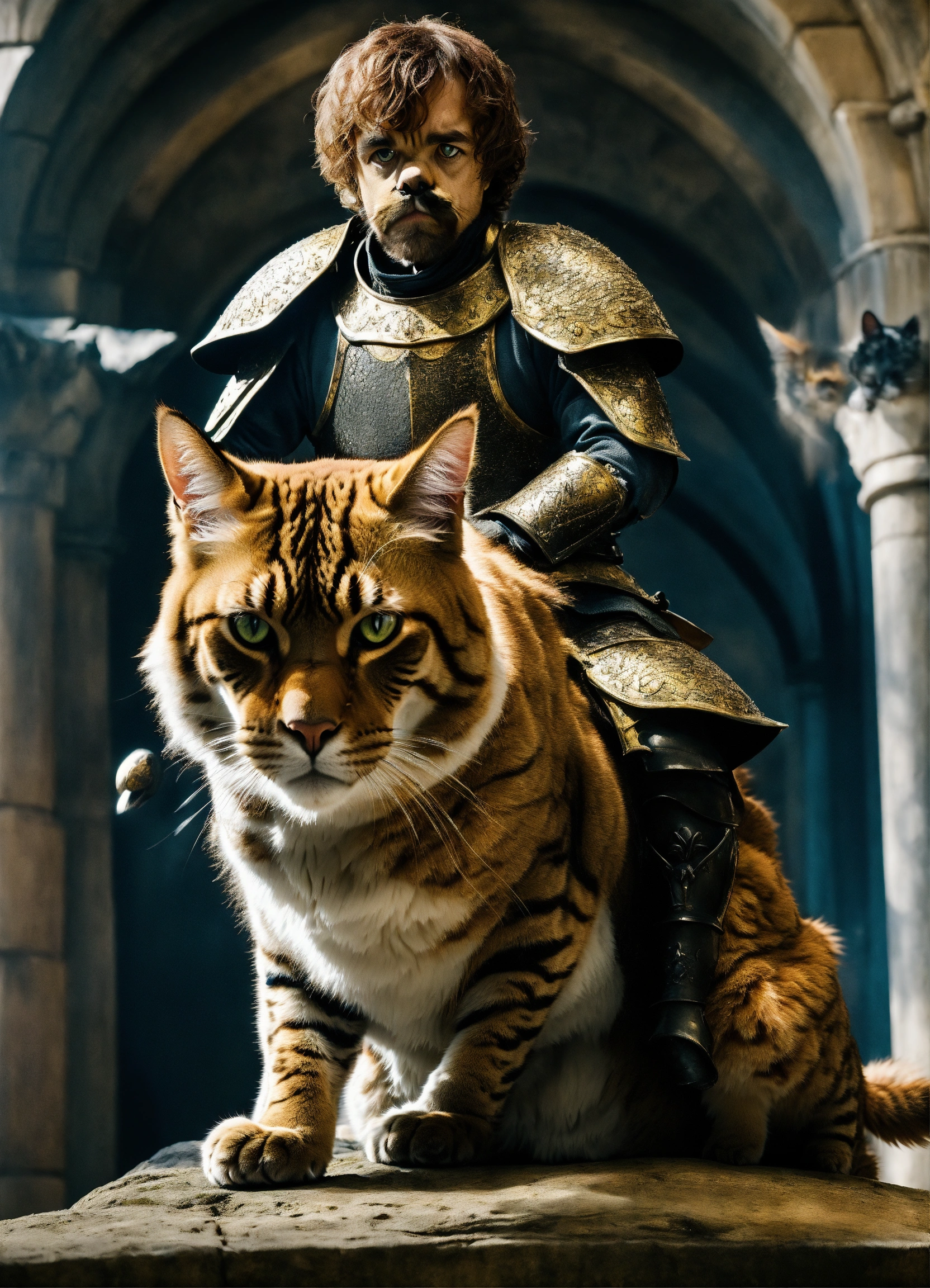 Lexica - Peter Dinklage sitting on top of a cat, riding the cat into ...
