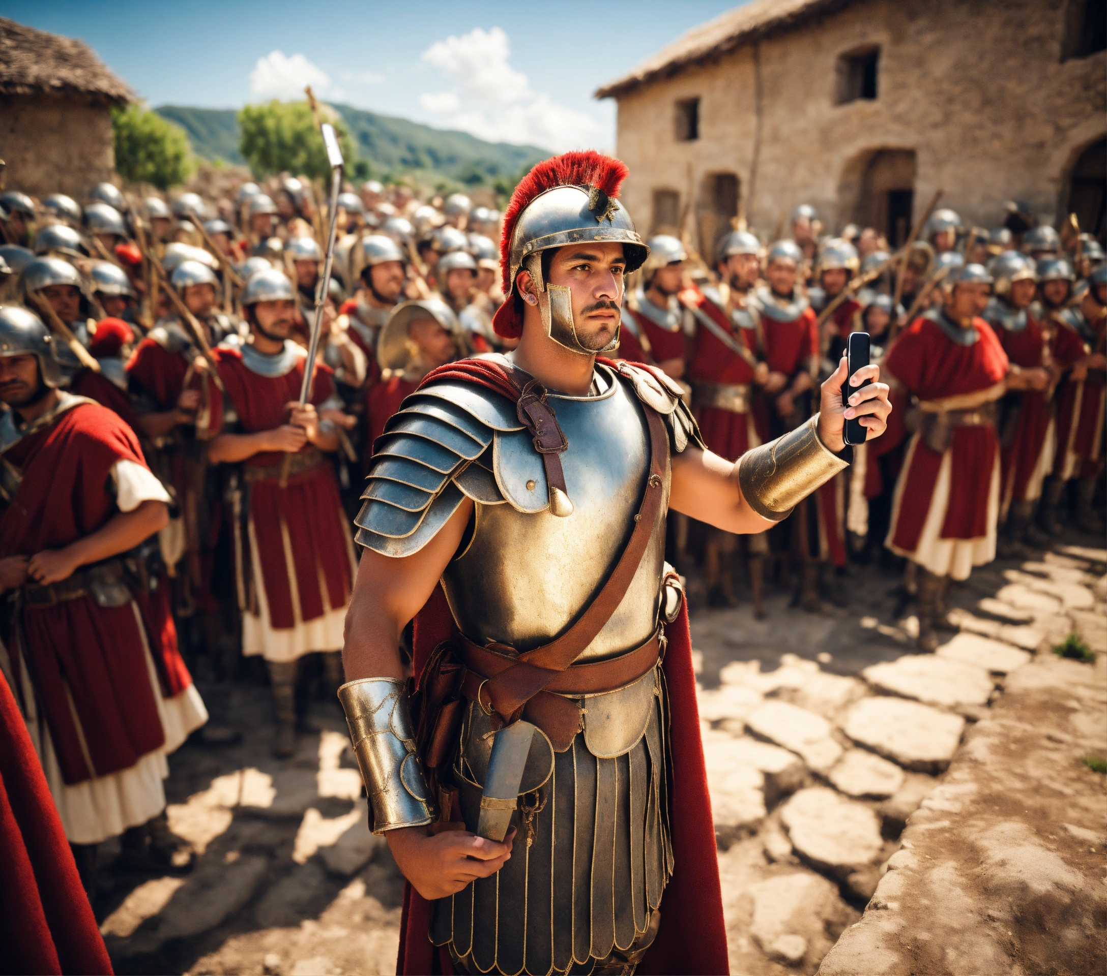 Lexica - Roman soldier guard taking selfie with villagers, hype ...