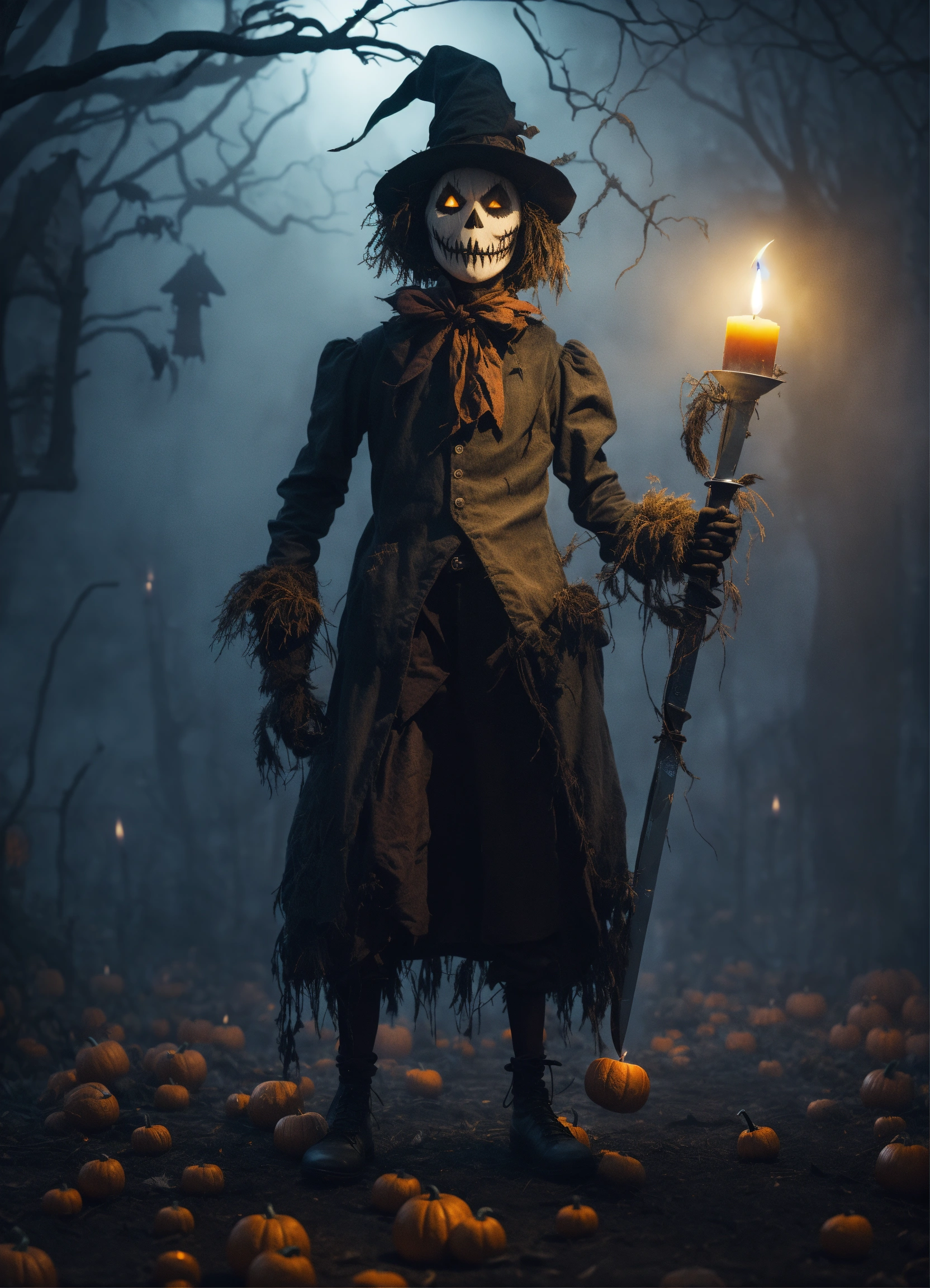 Lexica - A very scary scarecrow holding a large knife, Halloween, night ...