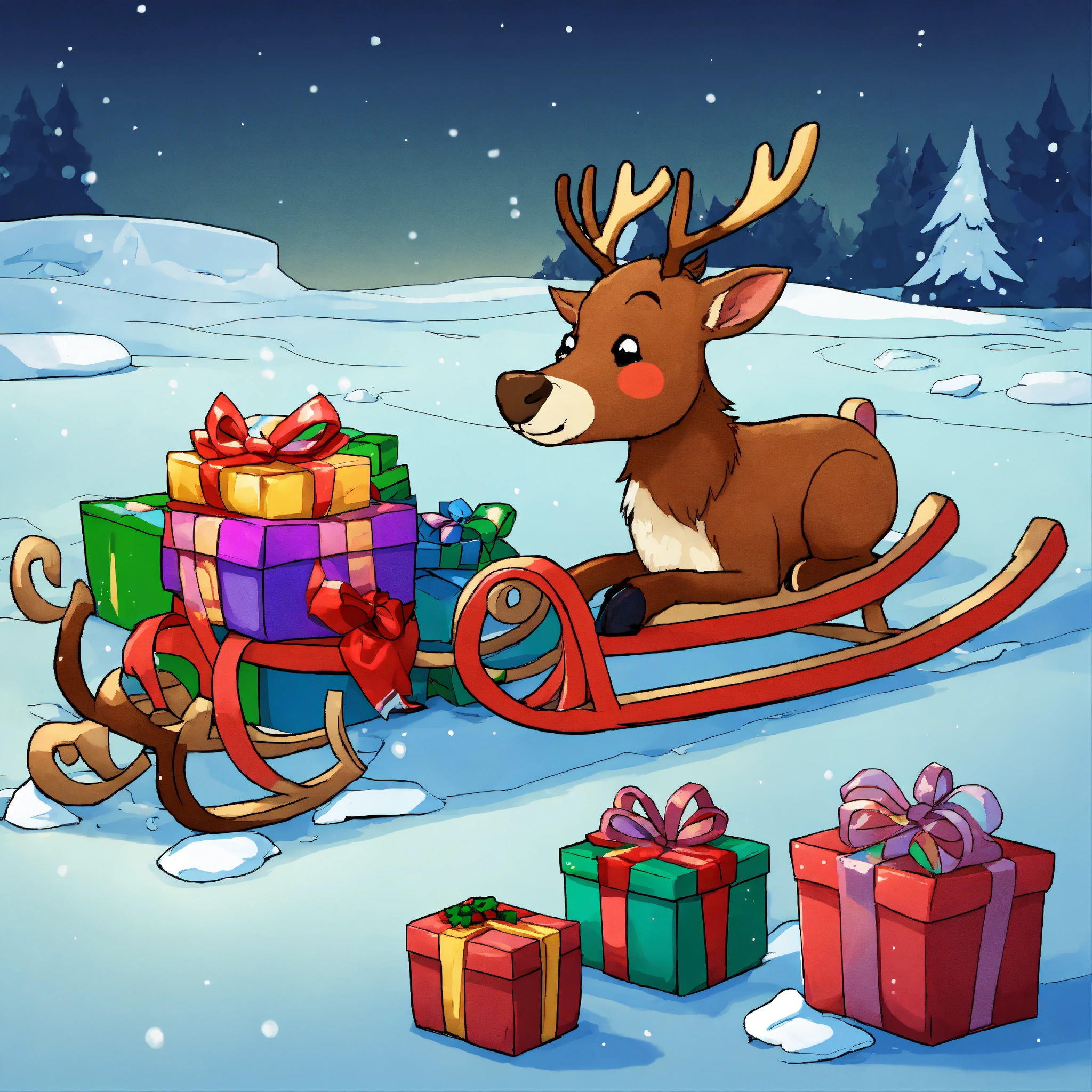 Lexica - Reindeer sad, crying, lying down on ice in front of sleigh ...