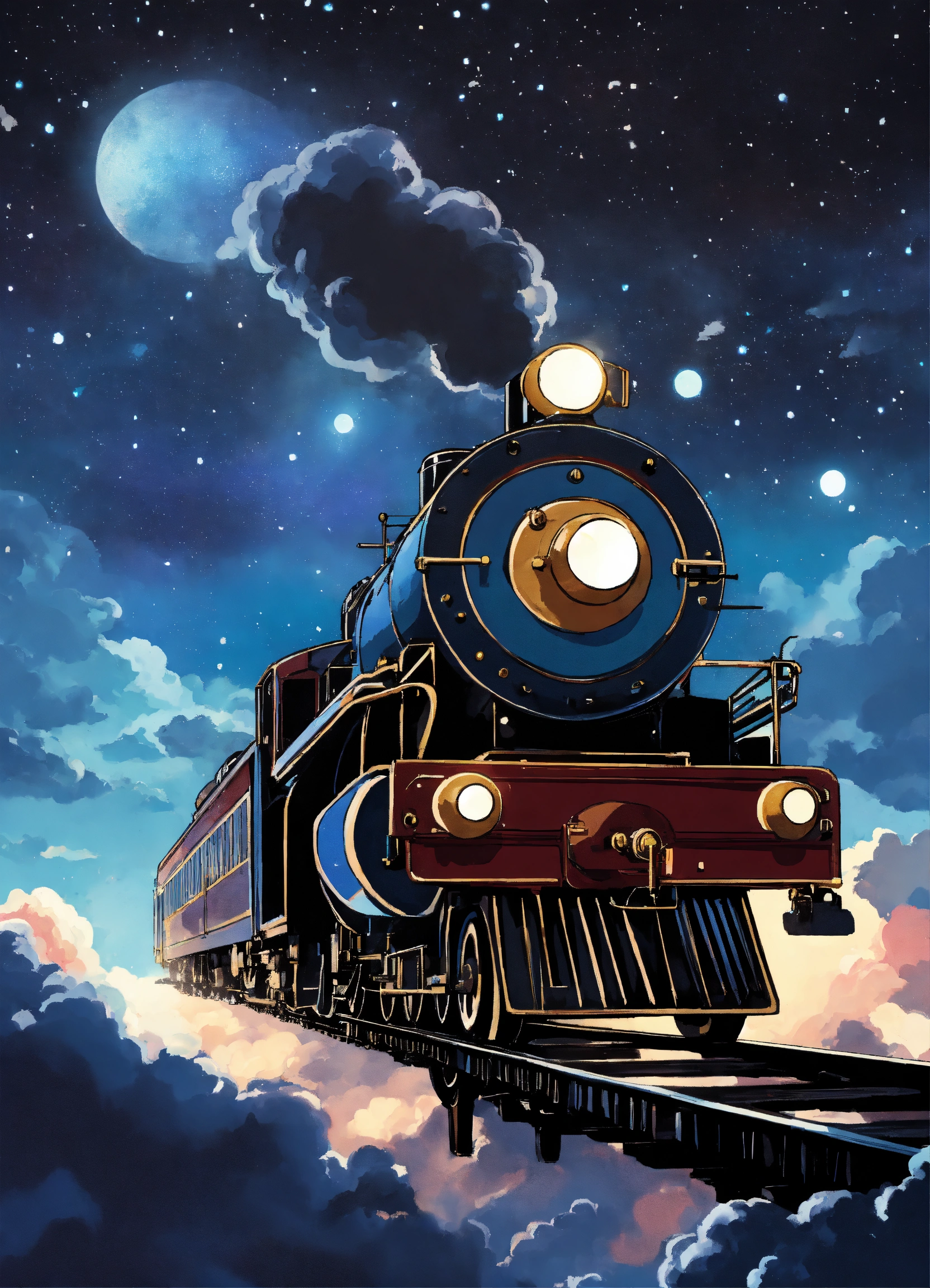 Lexica - A black steam locomotive floating above the sky, a night motif ...