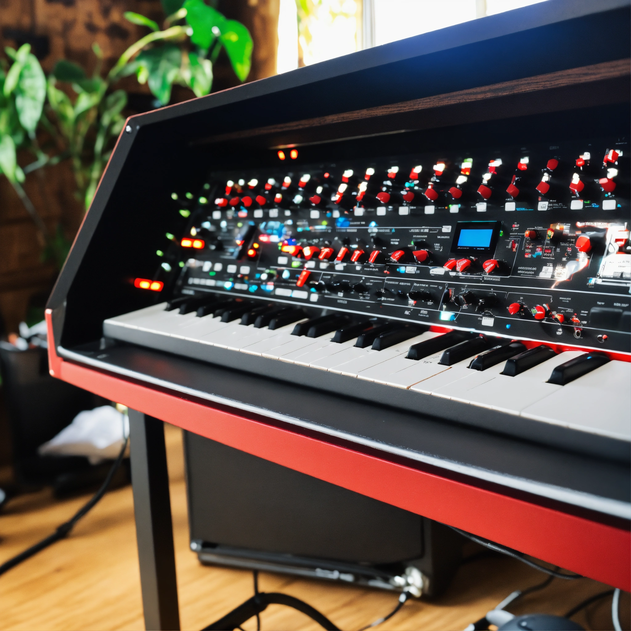 Lexica - A photo of a synthesizer. The synthesizer is black with red ...
