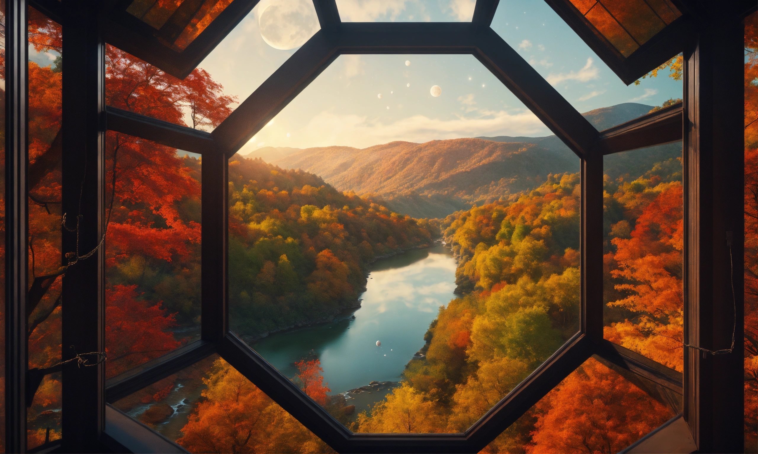 Lexica - Looking out through a large hexagon-shaped window overlooking ...