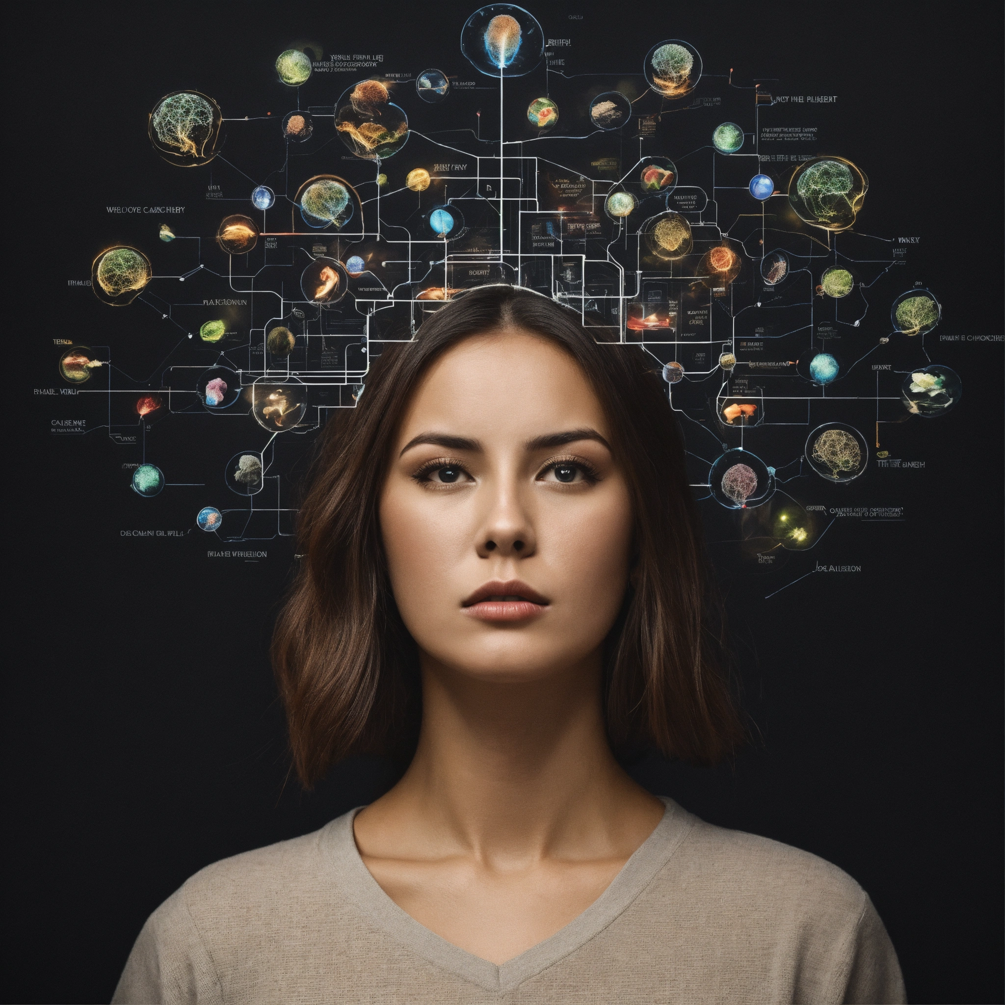 Lexica - Woman racks her brains and can't make a decision, black background, a lot of empty ...