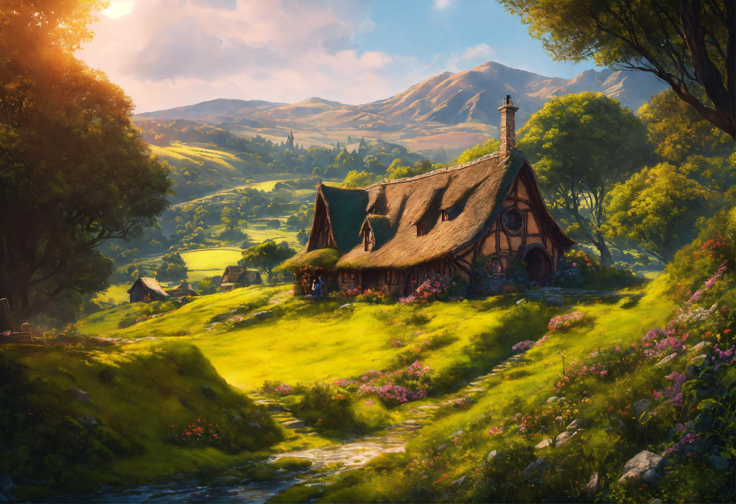 Lexica - Hobbits in the shire scenery landscape in future city, lord of ...