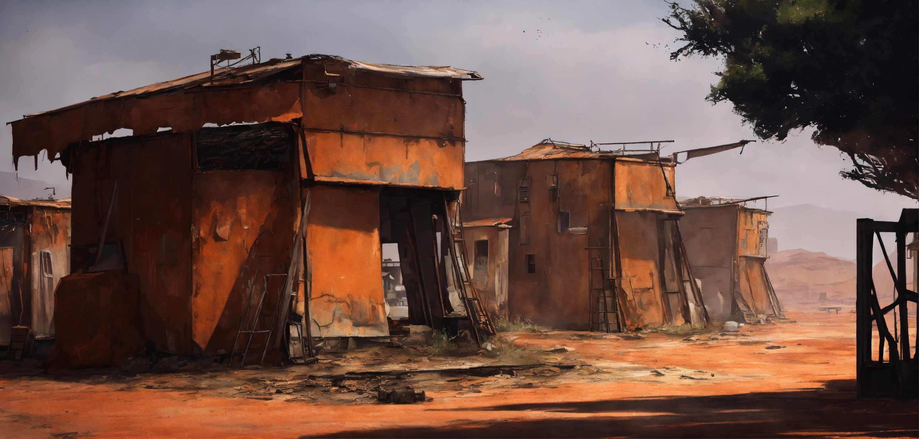 Lexica - Conept art, post apocalyptic, wasteland, sheet metal huts ...