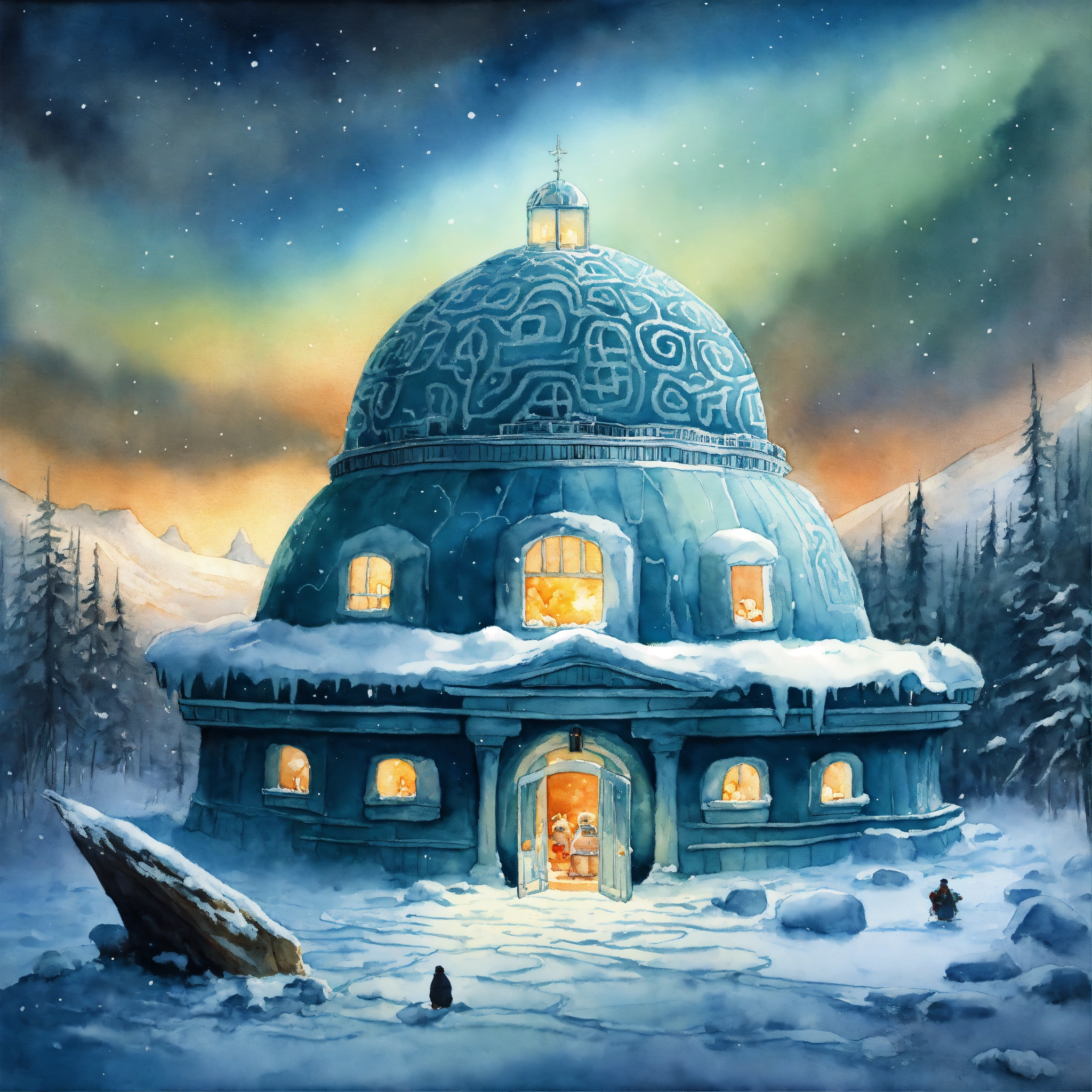 Lexica - A watercolor painting depicting an intricately detailed igloo ...