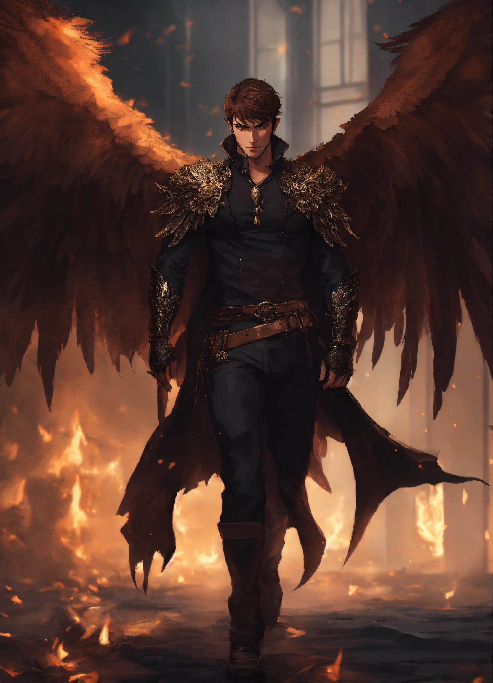 Lexica - A handsome demon man huge black angel wings, and short brown ...