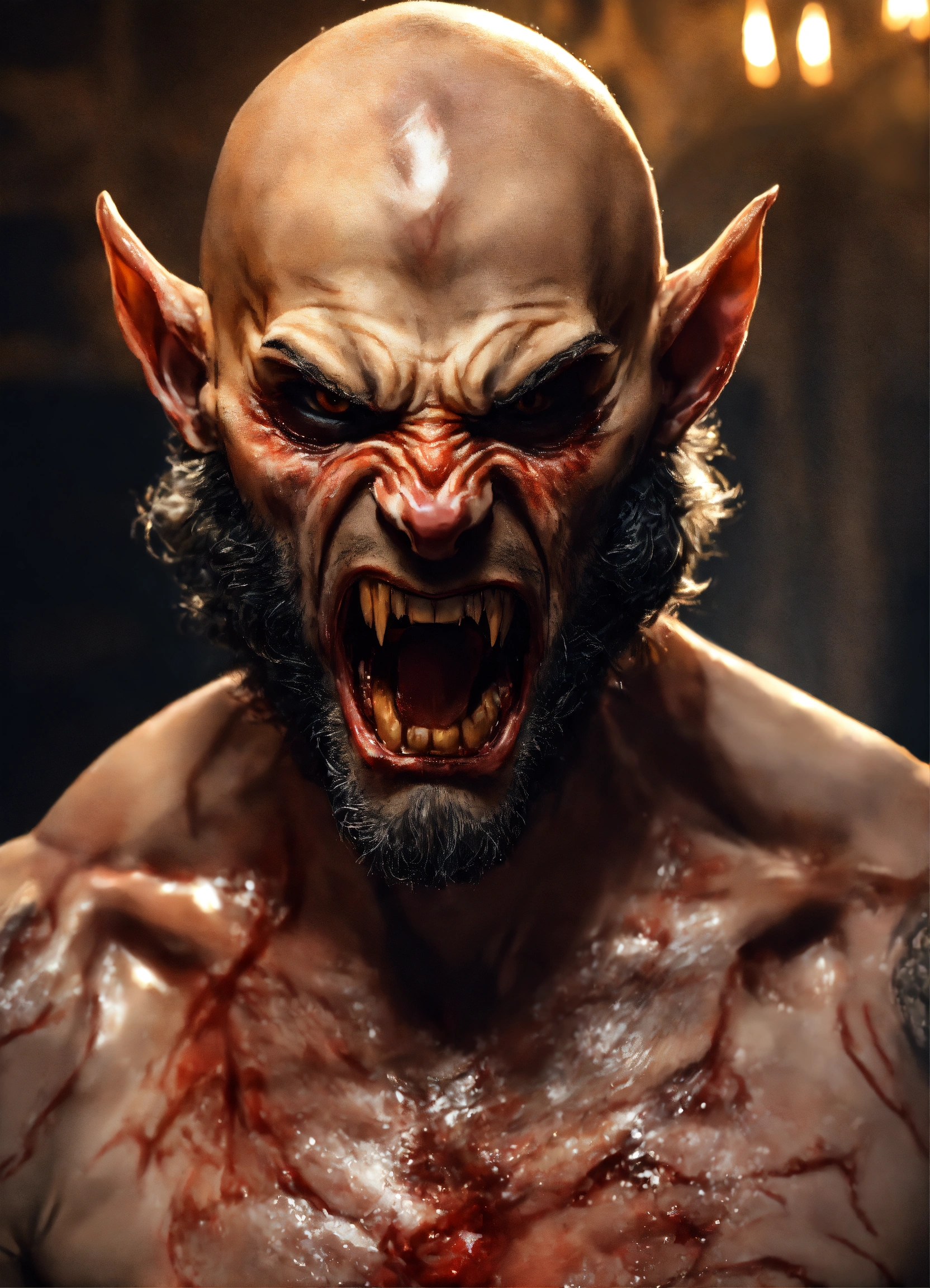 Lexica - A young bald man with beard with sharp claws and bared fangs a ...