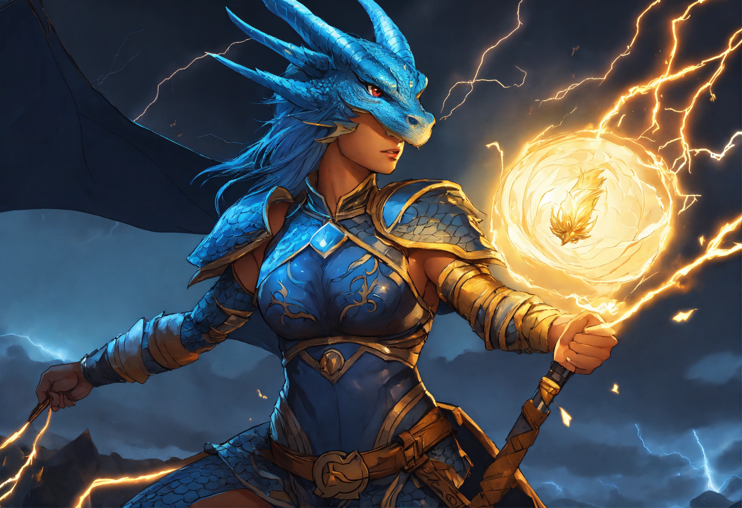 Lexica - A body shot of a female blue-scaled dragoness warrior with a glave in a heroic pose ...