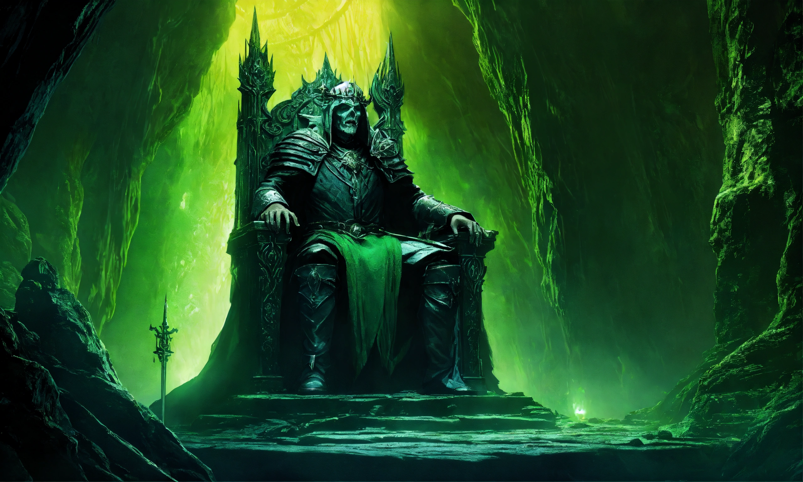 Lexica - Undead king sitting on a throne, big cavern, dramatic green ...