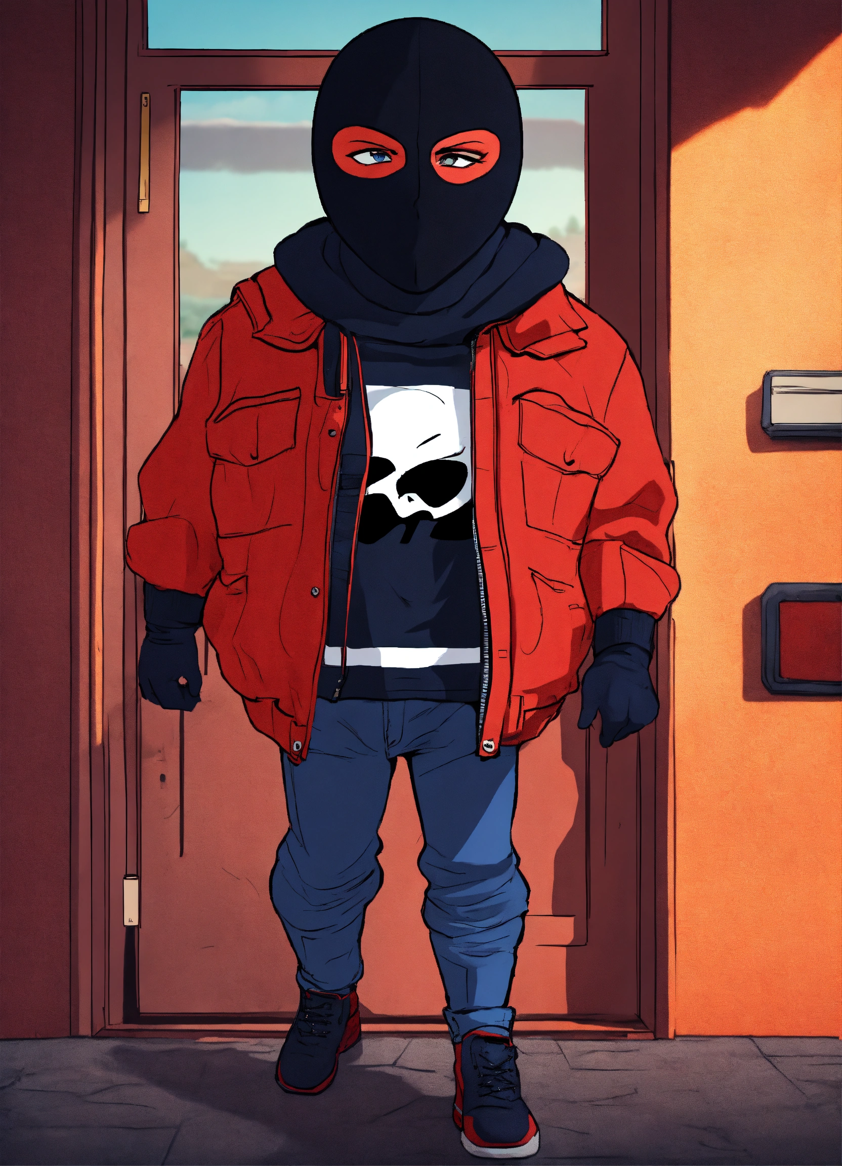 Lexica - Animated cartoon with a black ski mask with stripes, red shirt ...