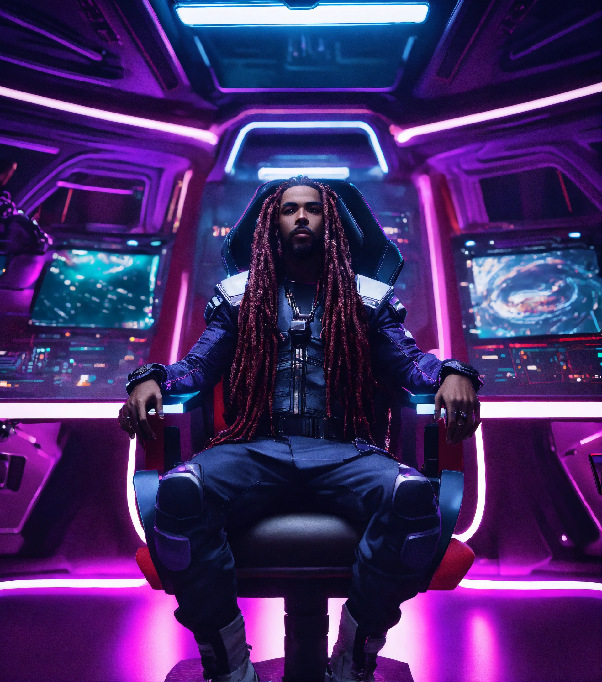 Lexica - Zoom out of a black male rockstar with long purple dreadlocks ...