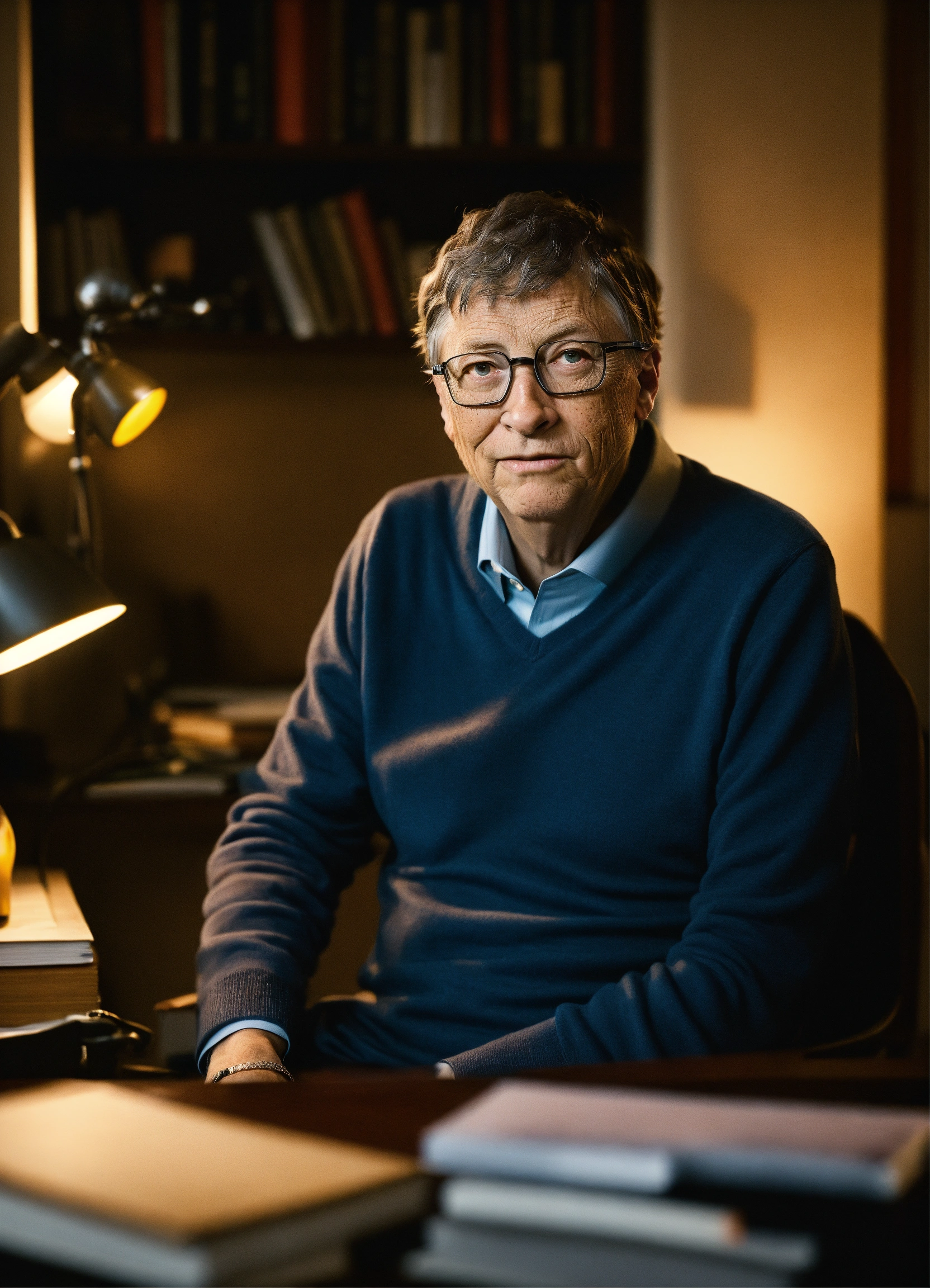 Lexica - A portrait of Bill Gates, at his desk, looking at the camera ...