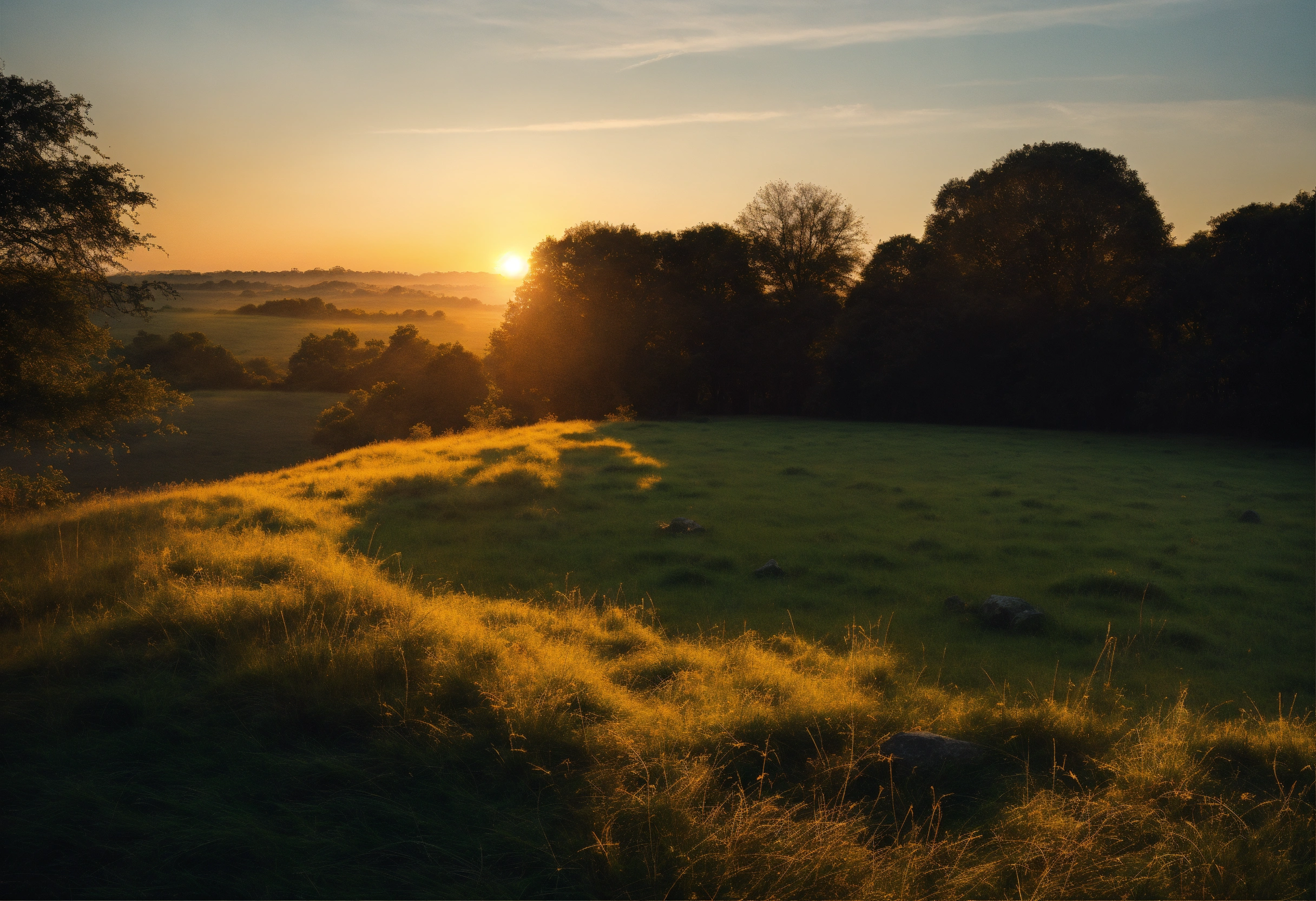 Lexica - View from laying on the ground of a grassy landscape at dawn ...
