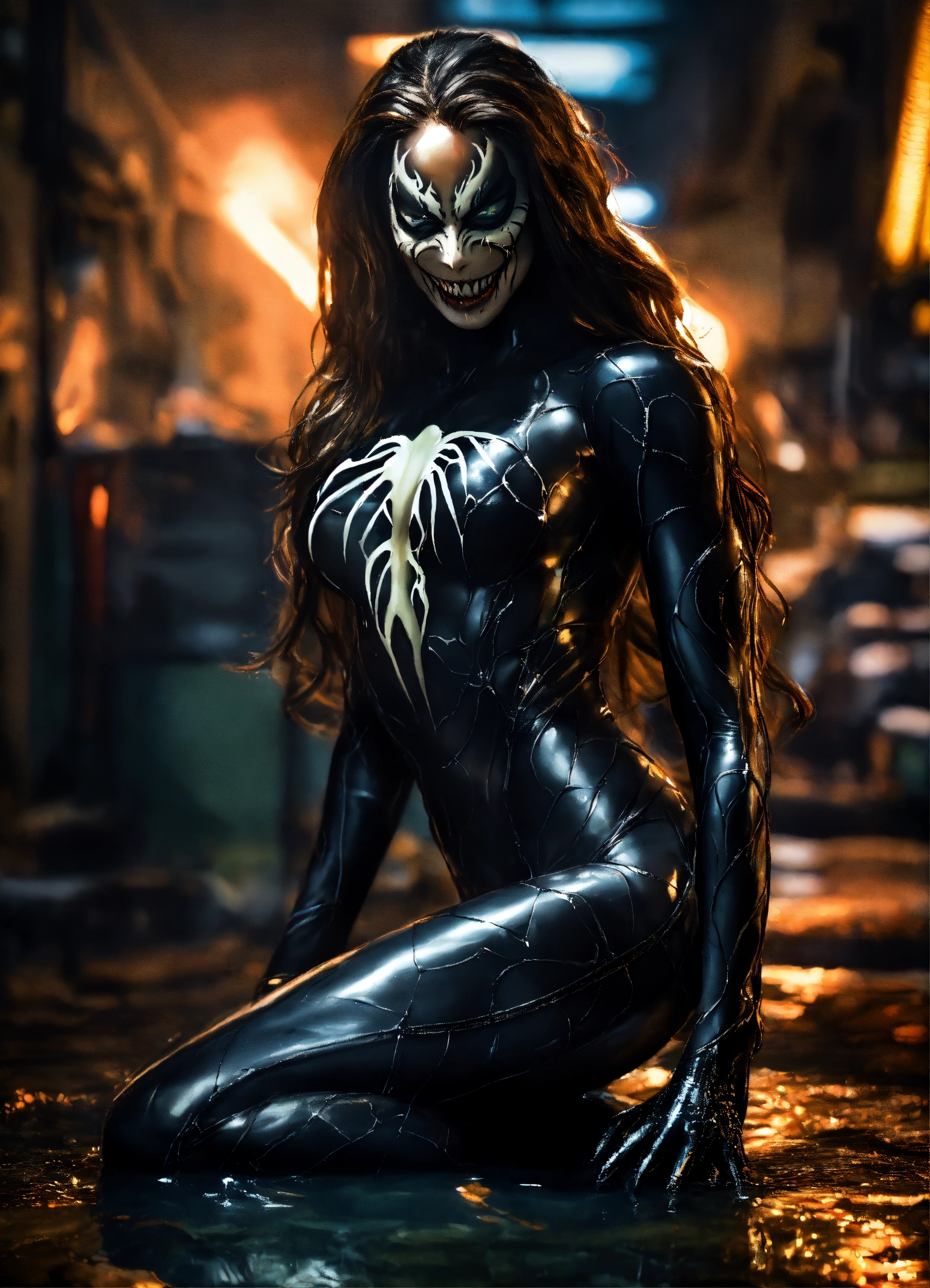 Lexica - An ultrarealistic full body photograph of woman venom symbiote, laying in dark black ...