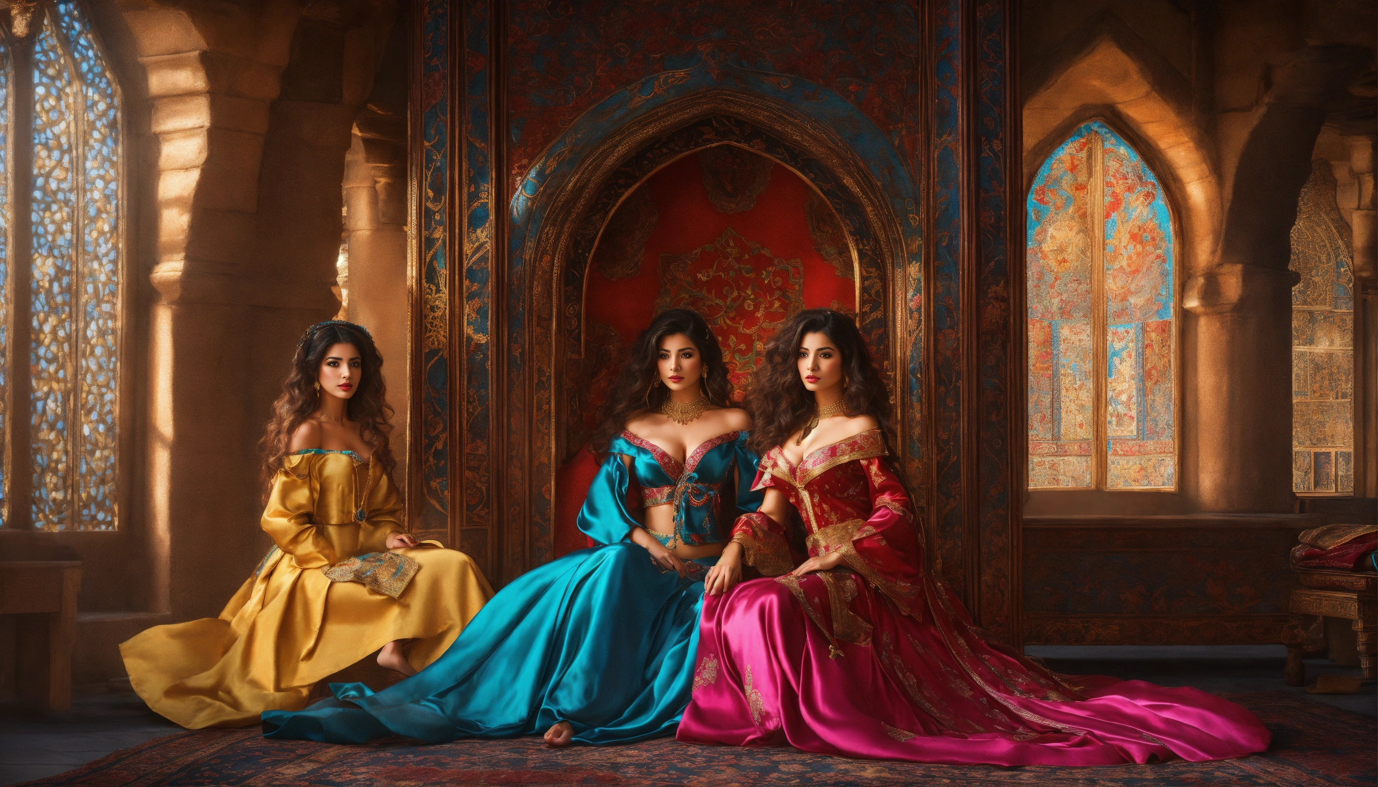 Lexica - Photorealistic 3 Persian courtesans, colorful outfits, satin ...