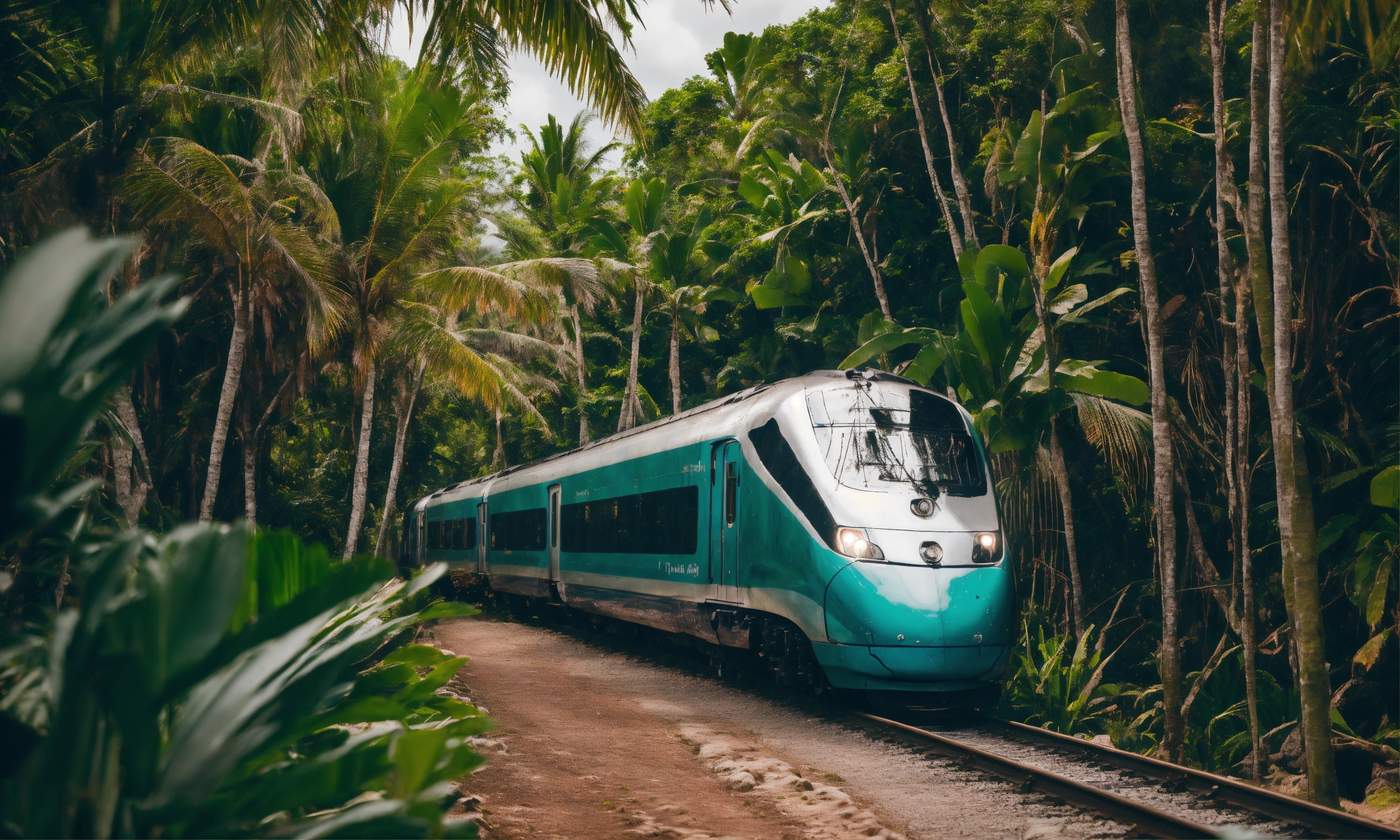 Lexica - A modern silver and teal train, crossing through the jungle in ...