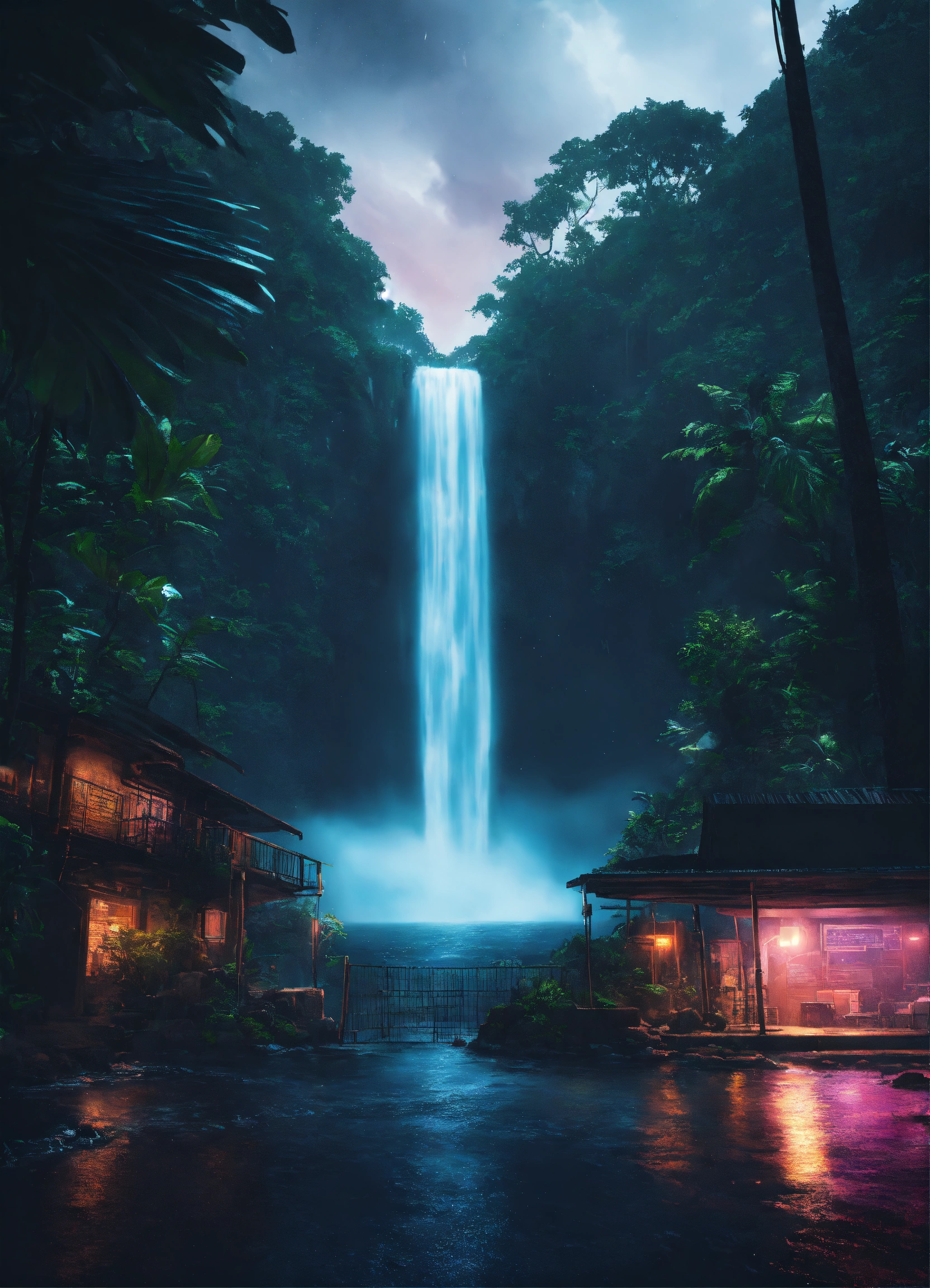 Lexica - Beautiful cozy waterfall with a view overlooking a cyberpunk ...