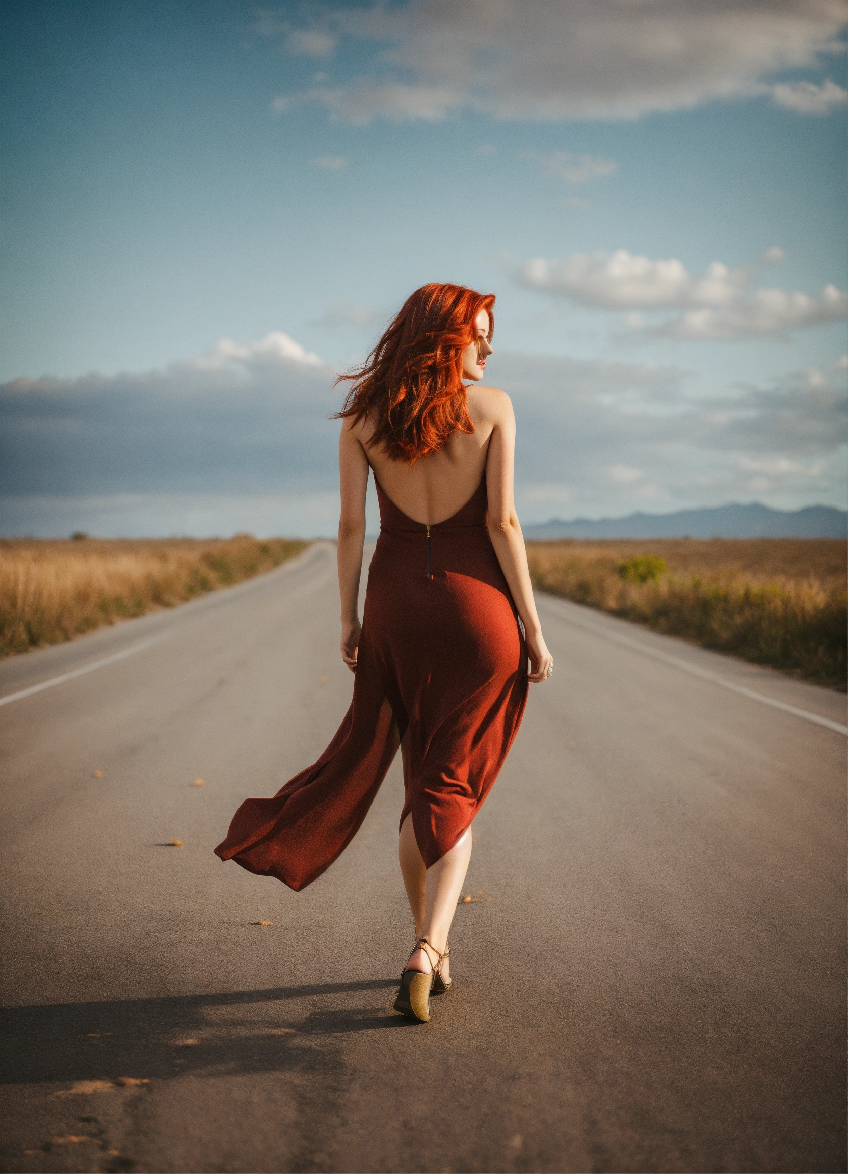 Lexica - A cute redhead girl in a double slit dress walking on the open ...