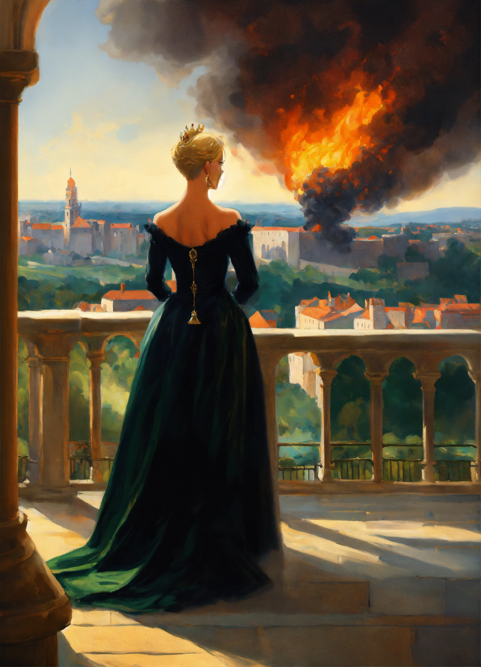 Lexica - Back view of a queen wearing a black dress, with blond short ...