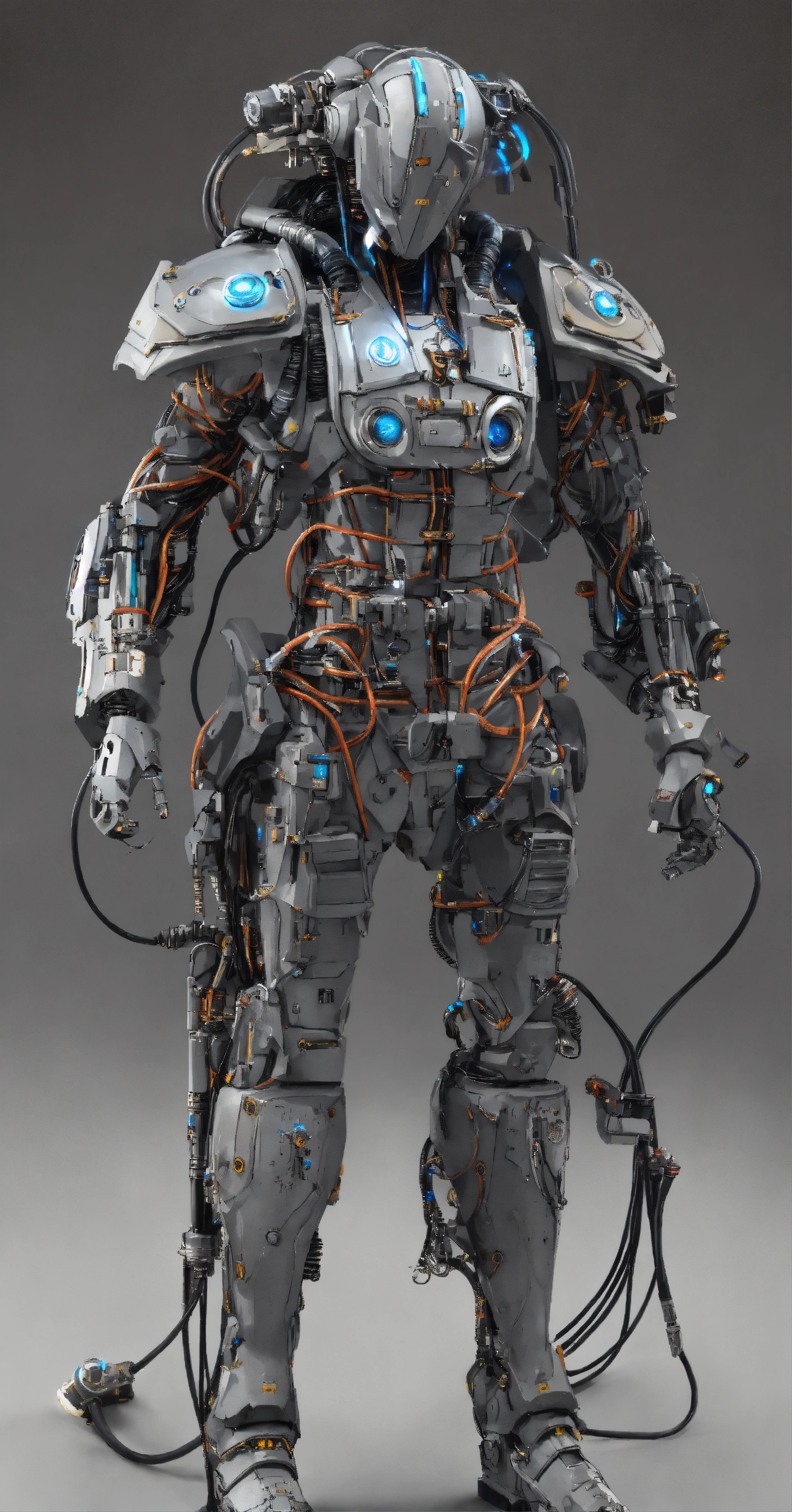 Lexica - Gray cybernetic mechanical warrior with many hoses and cables.