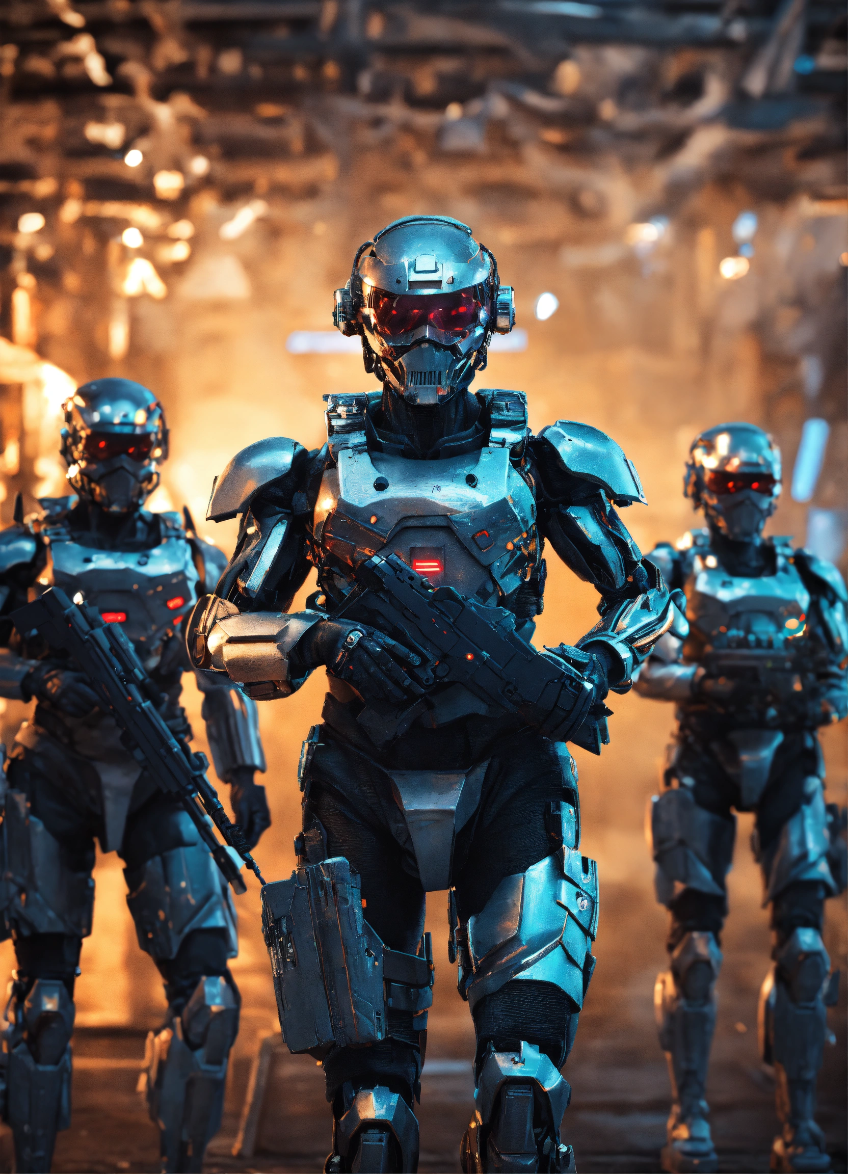 Lexica - Group of war cyborg army, 3d, hold laptop