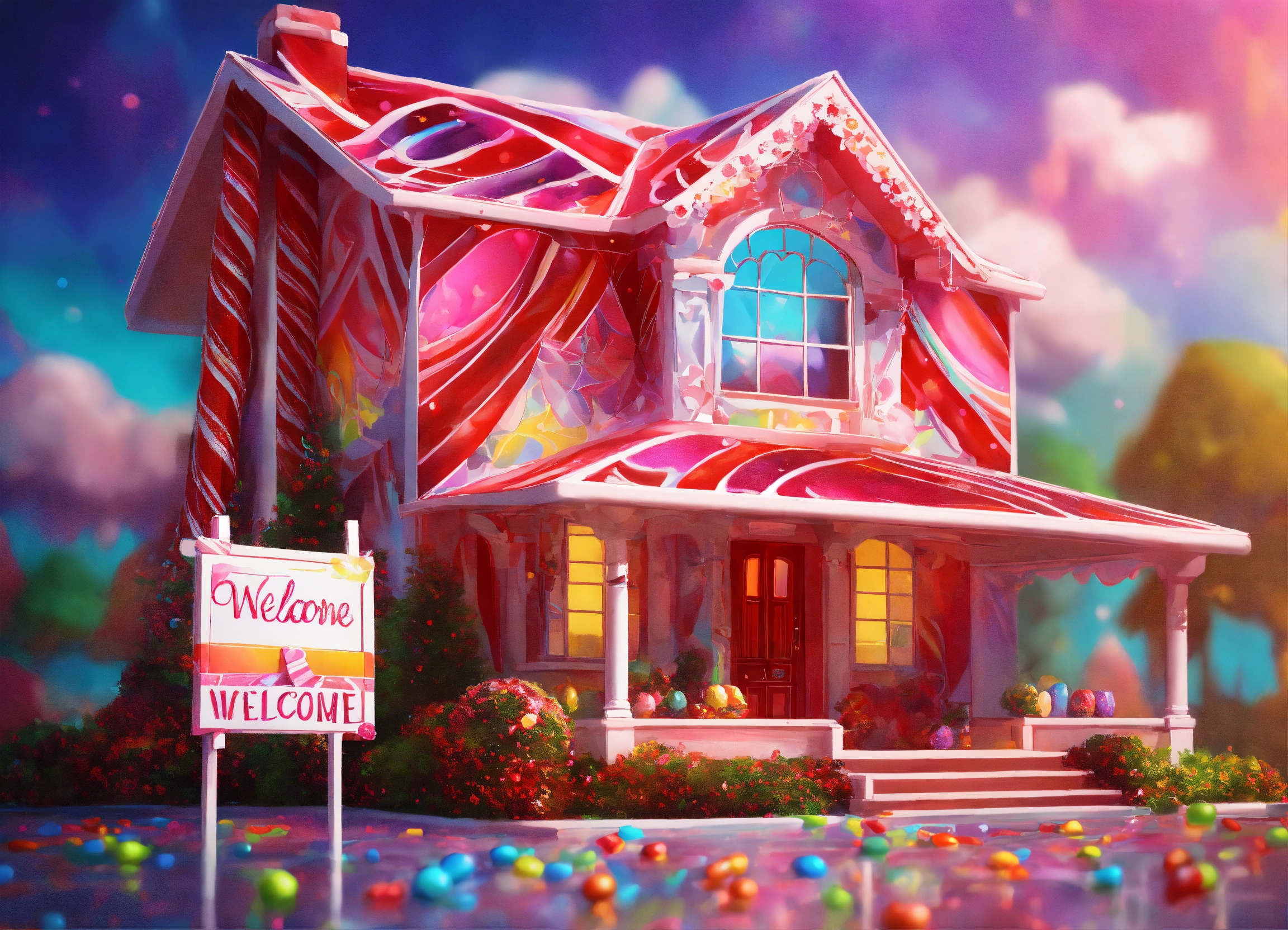 Lexica - Traditional cute Candy cane house with a blank welcome sign in ...