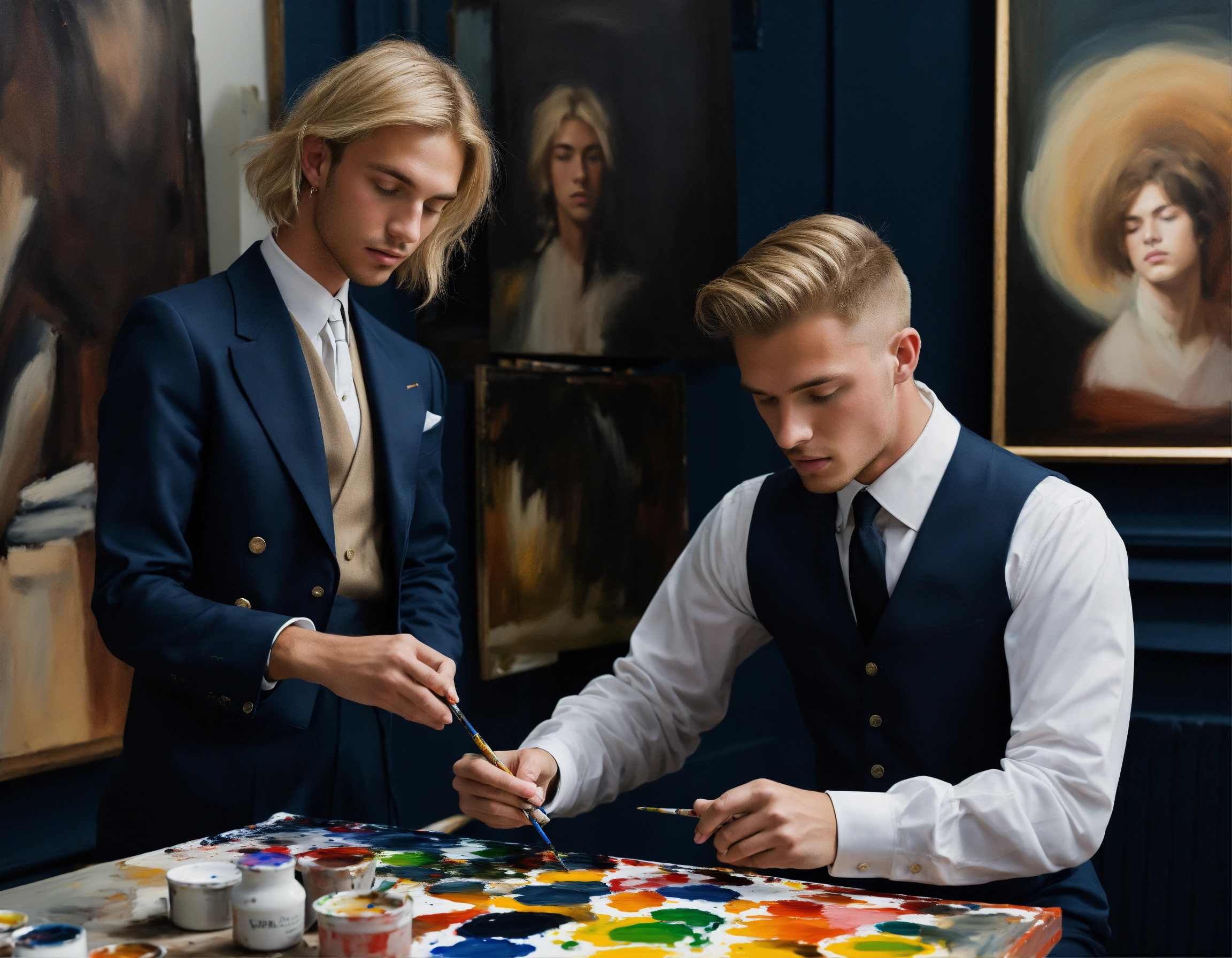 Lexica - A young blonde male painter in navy vested suit painting a ...