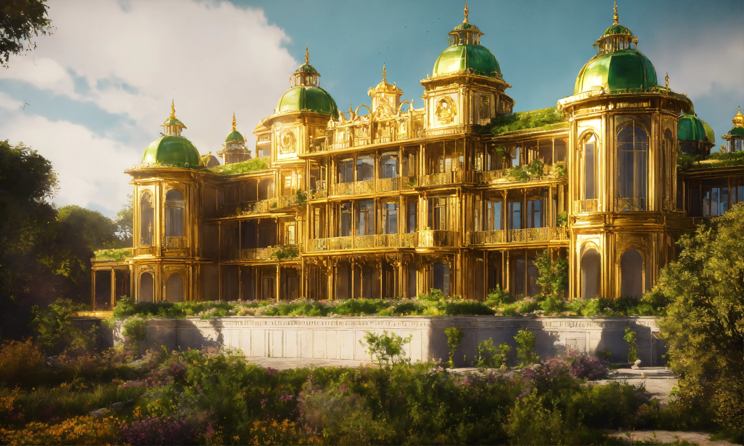 Lexica - Full image of a massive golden palace with a green roof, built ...