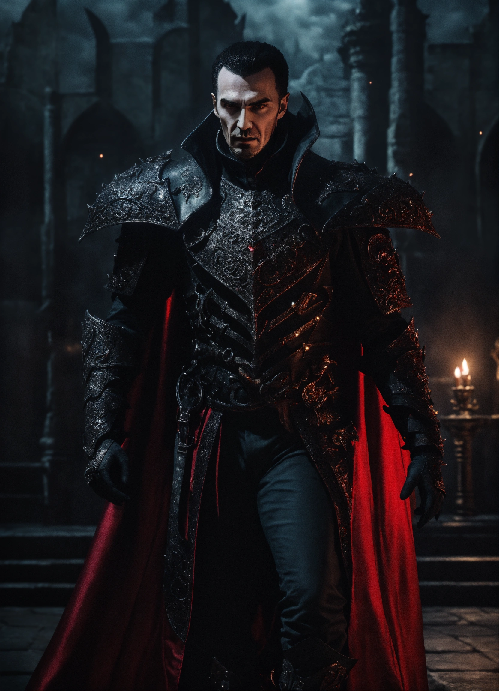 Lexica - Dark armored, white skin, dracula, realistic, 4k, full body ...