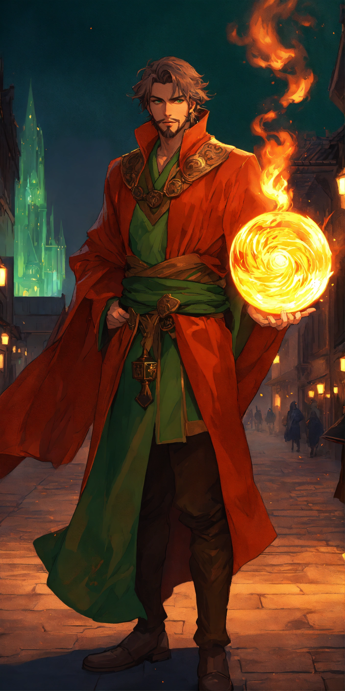 Lexica - Handsome, human, imperial male fire wizard with goatee, holding glowing fire staff and ...