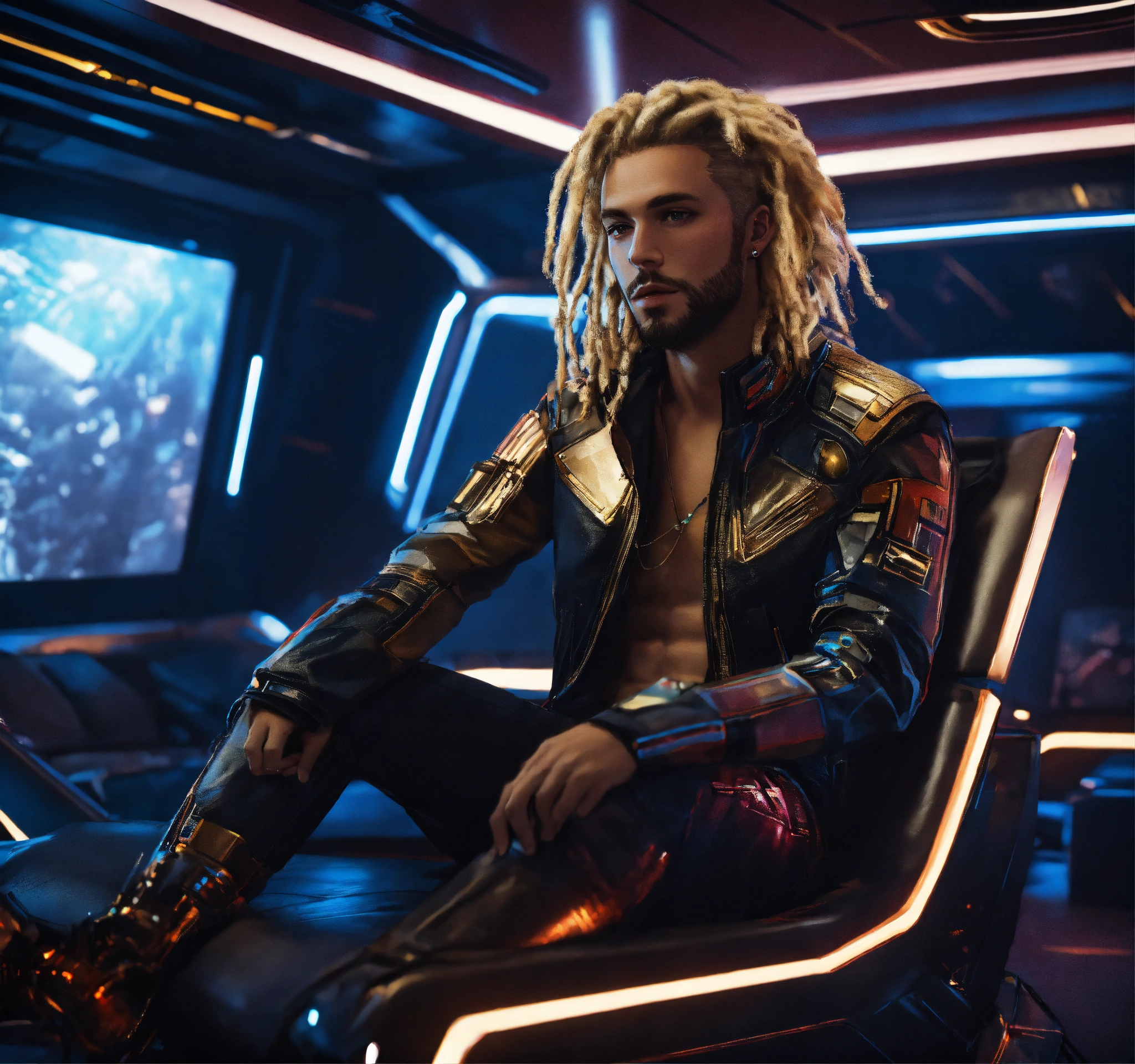 Lexica - Scruffy blonde dreadlock male rockstar in futuristic clothing ...