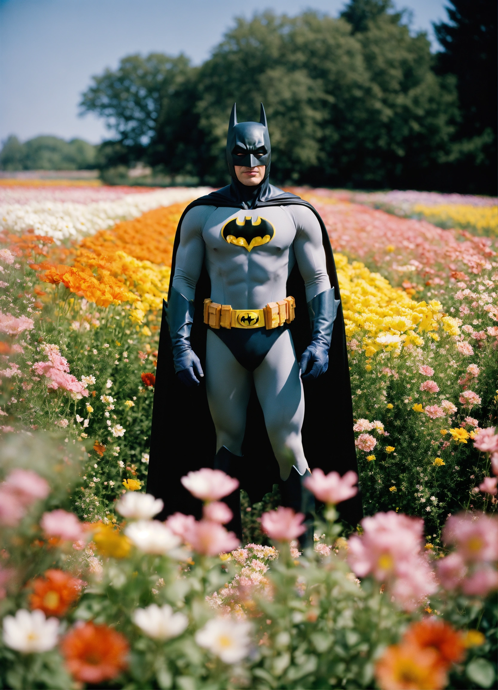 Lexica - Happy Batman standing in a beautiful field of flowers ...