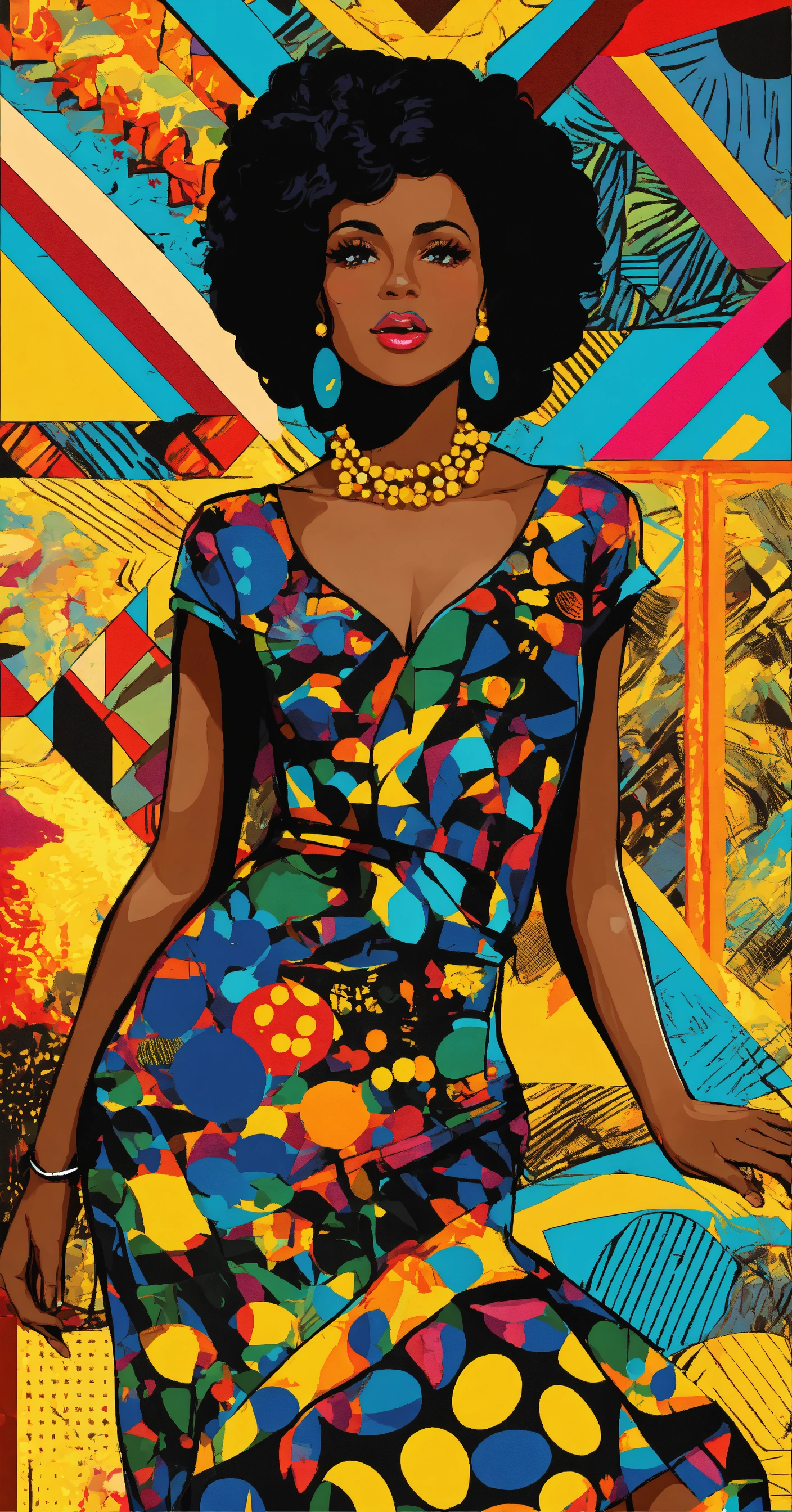 Lexica - Retro Chic Black Woman in a classic pop art dress, surrounded ...