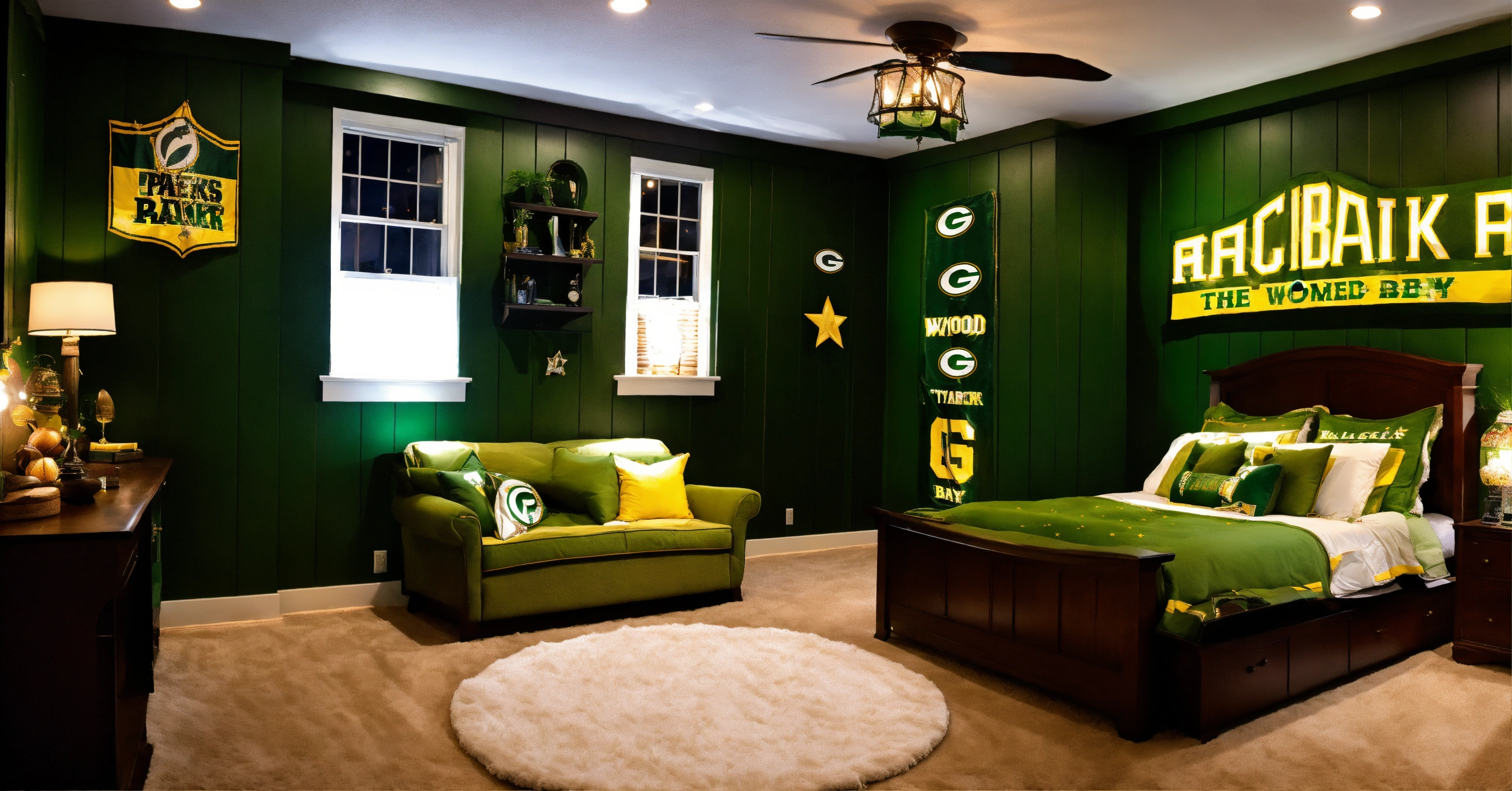 Lexica - Green bay packer theme bedroom, fluffy rug, dark wood, night ...