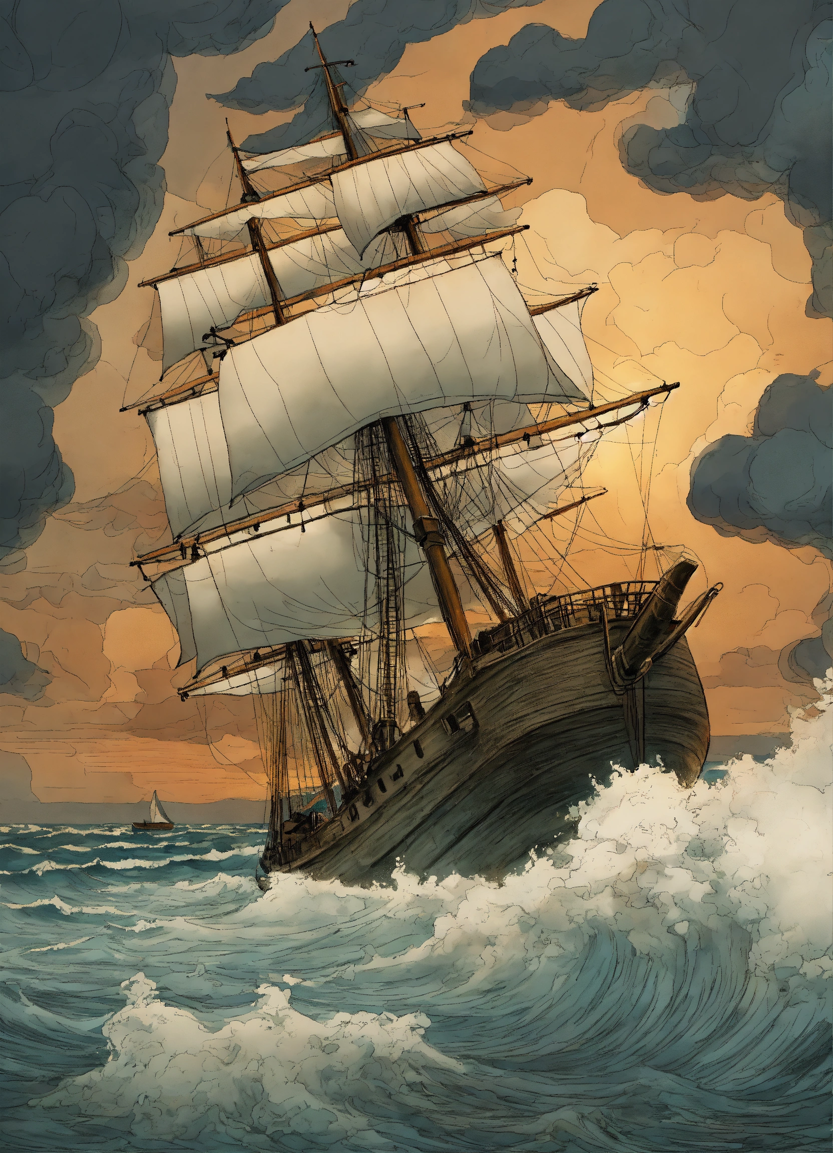 Lexica - Comic drawing of sailing ship with three masts in stormy sea.