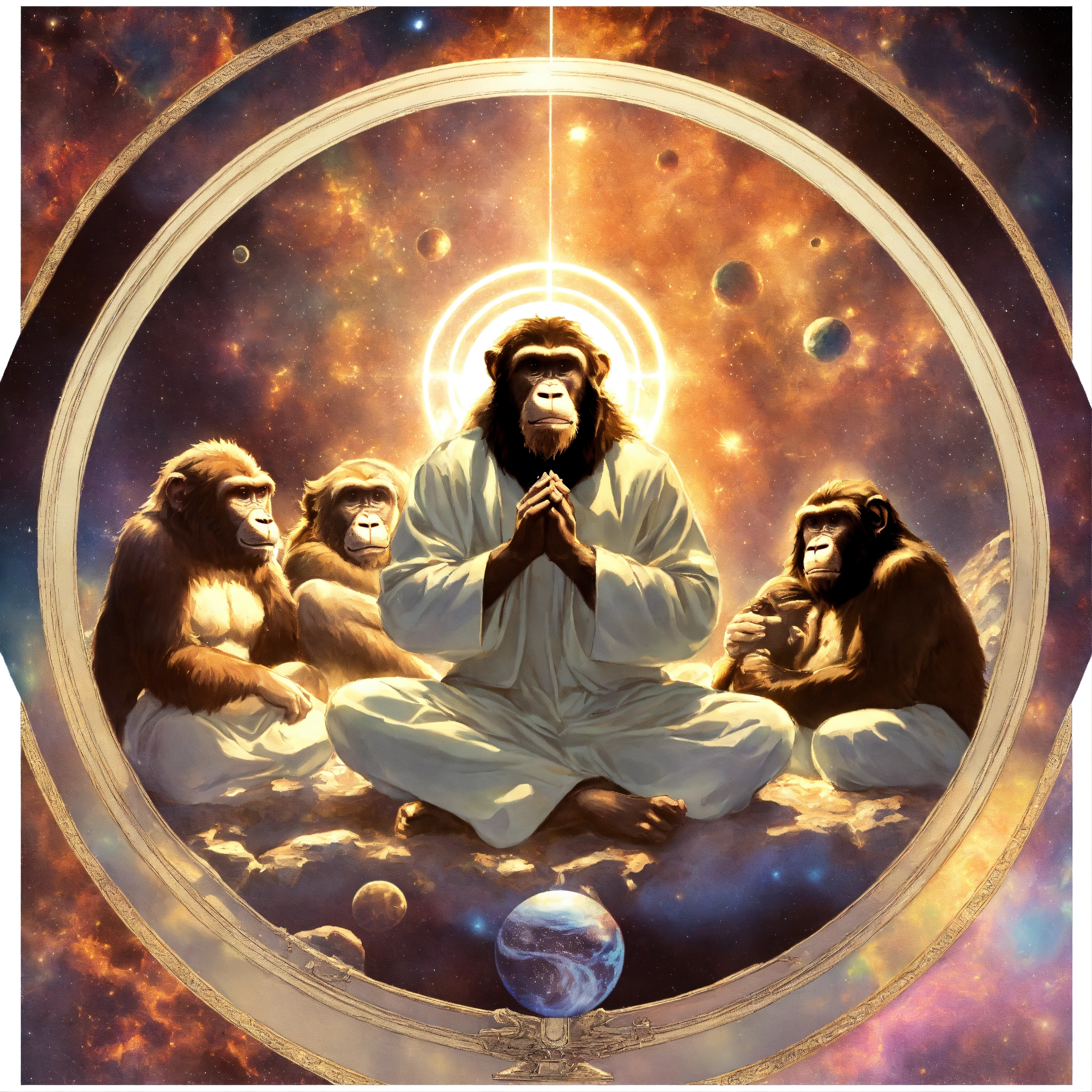 Lexica - Apes praying to a human god in space, in circle image ...