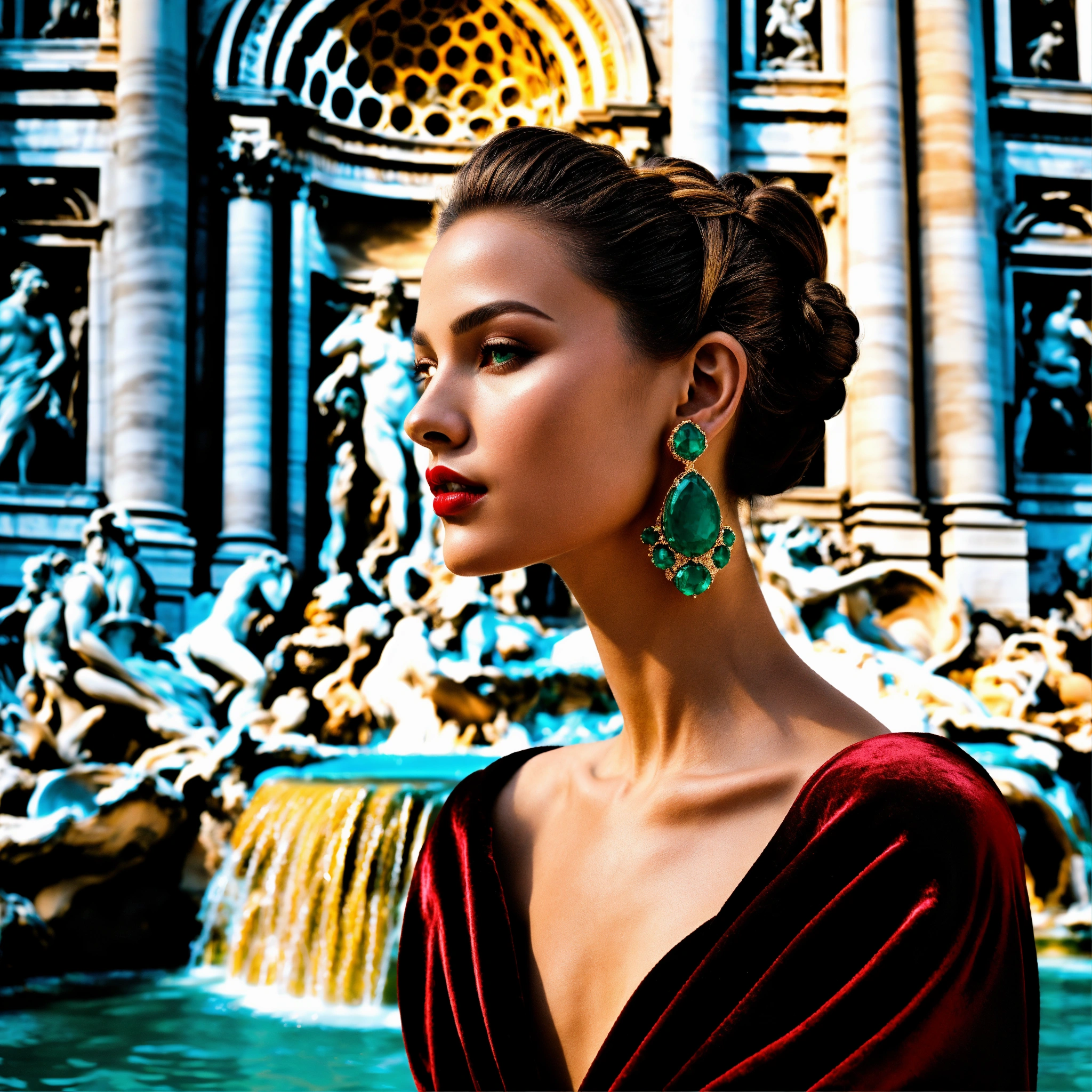 Lexica - A statuesque female model with a sleek chignon and bold red ...