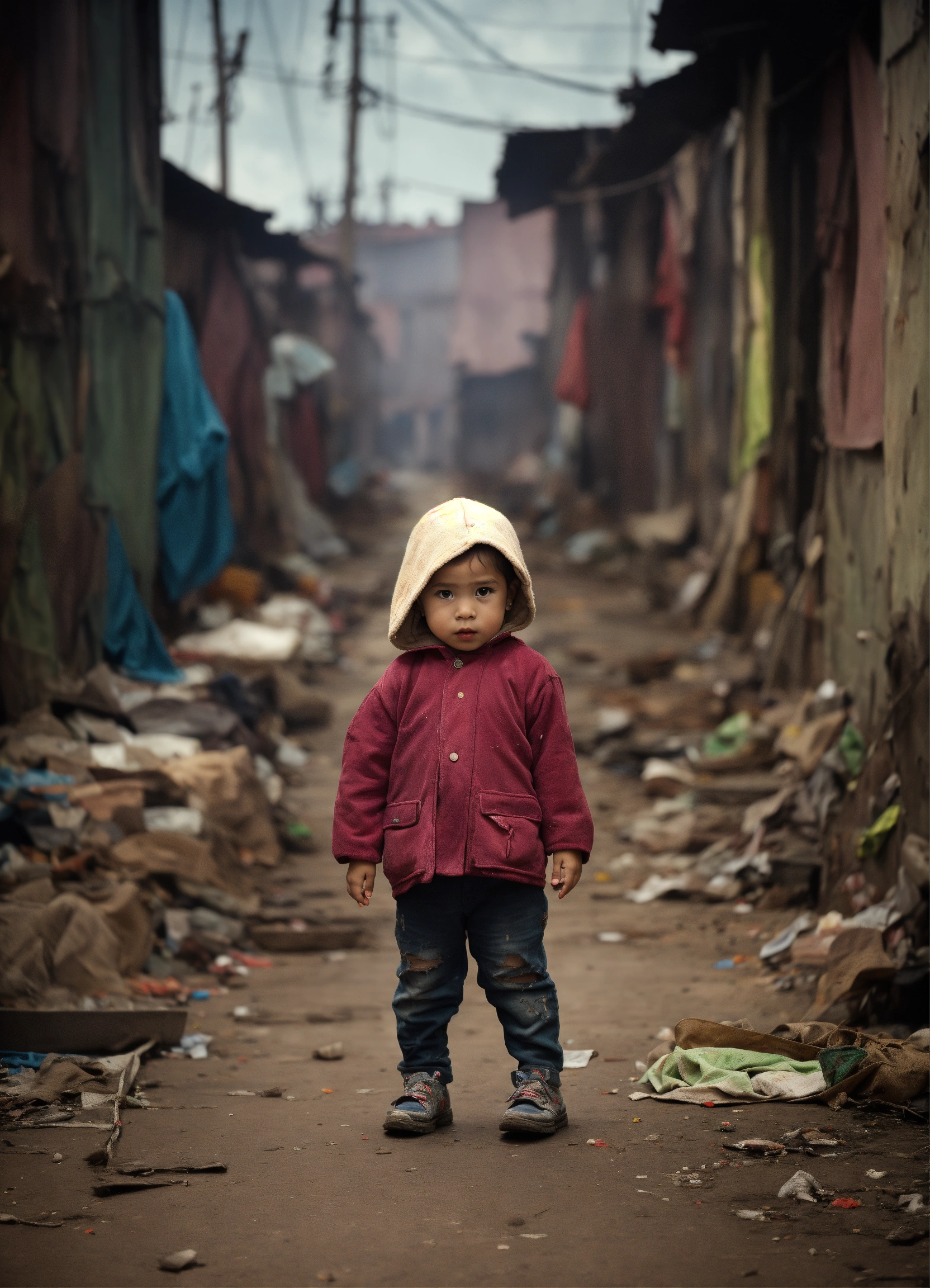 Lexica - Haunted toddler child, realistic, slum background