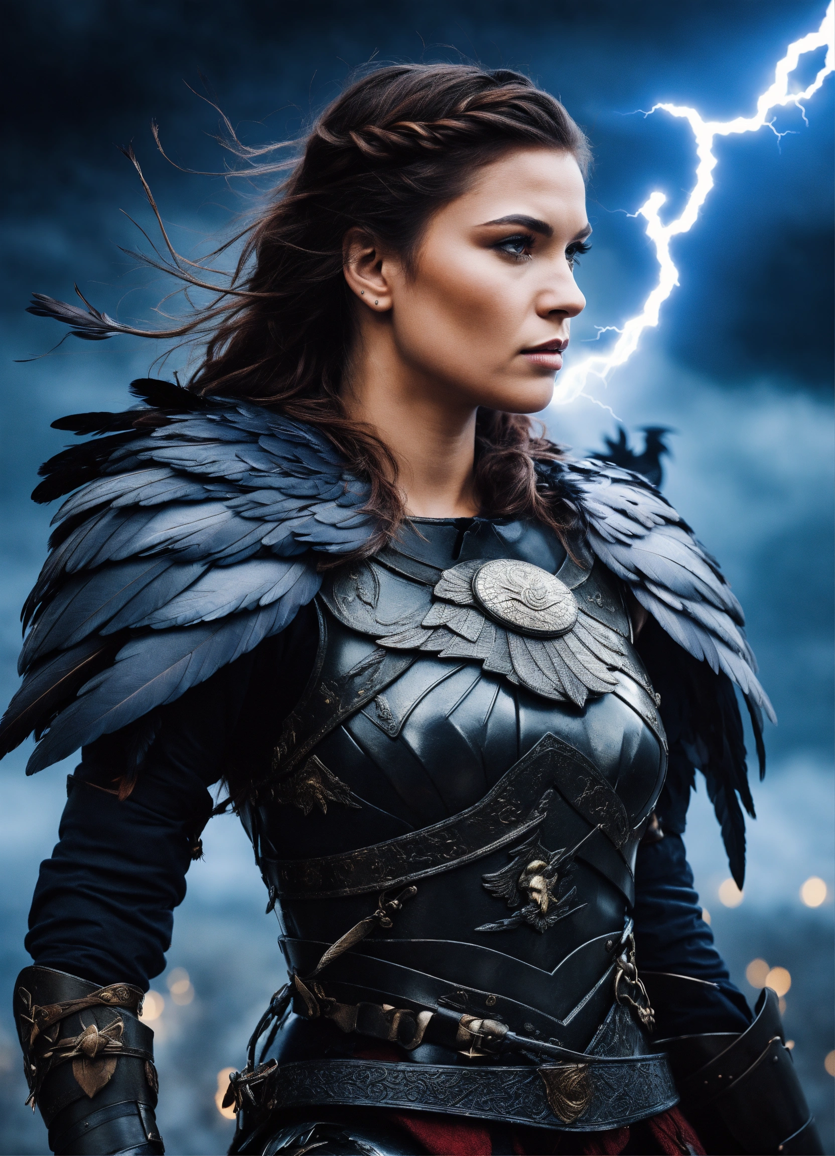 Lexica - Valkyrie, raven , black bird background, dramatic, lightning ...