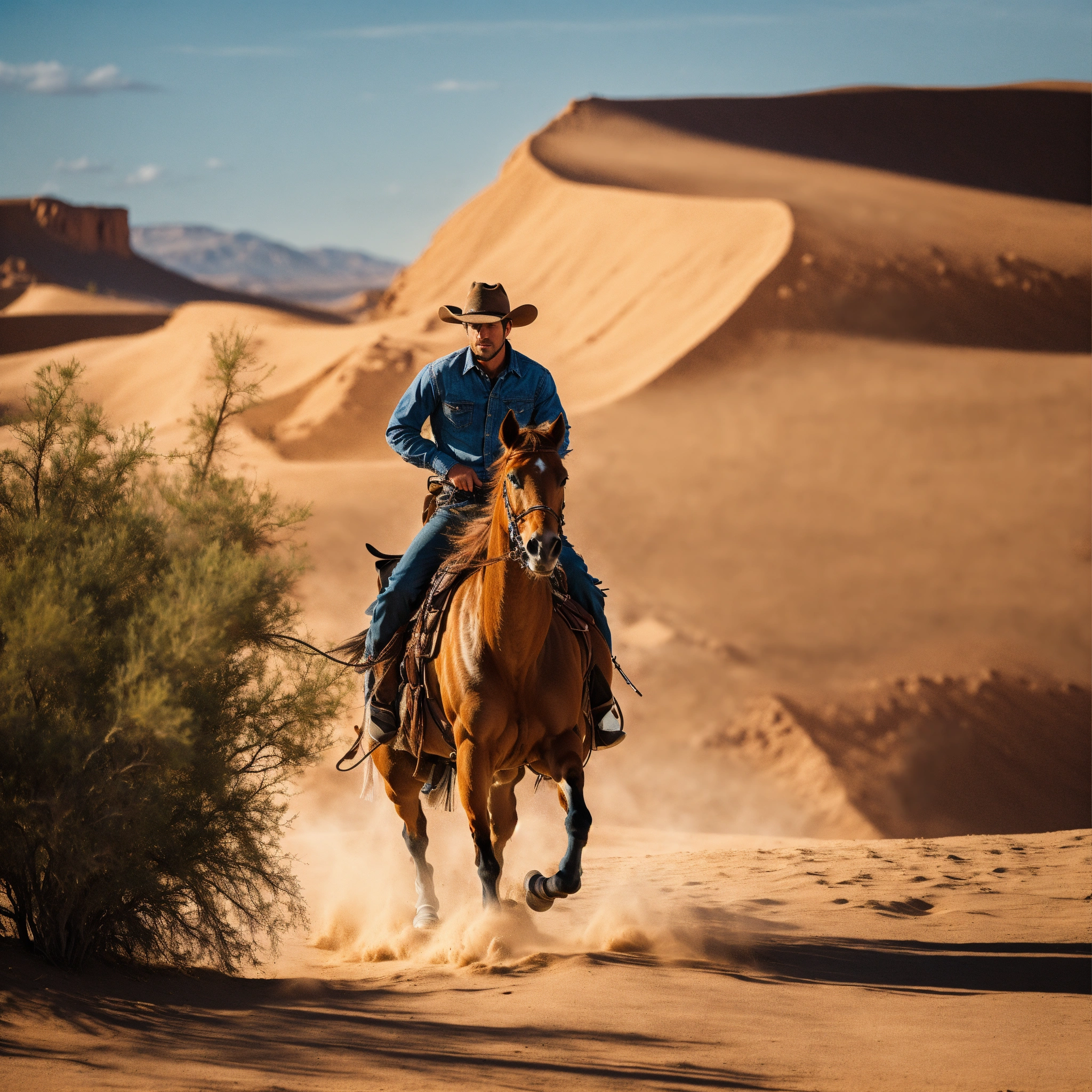 Lexica - A cowboy riding a horse through a desert