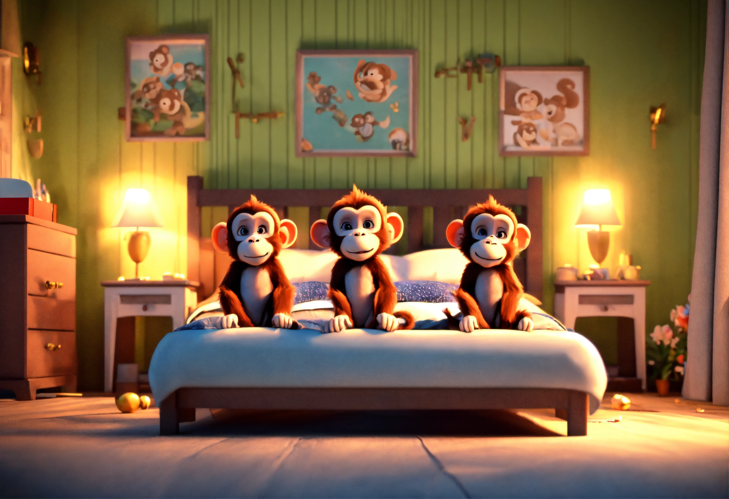 Lexica - Four little monkeys jumping in the bed. 3d cartoon animation.