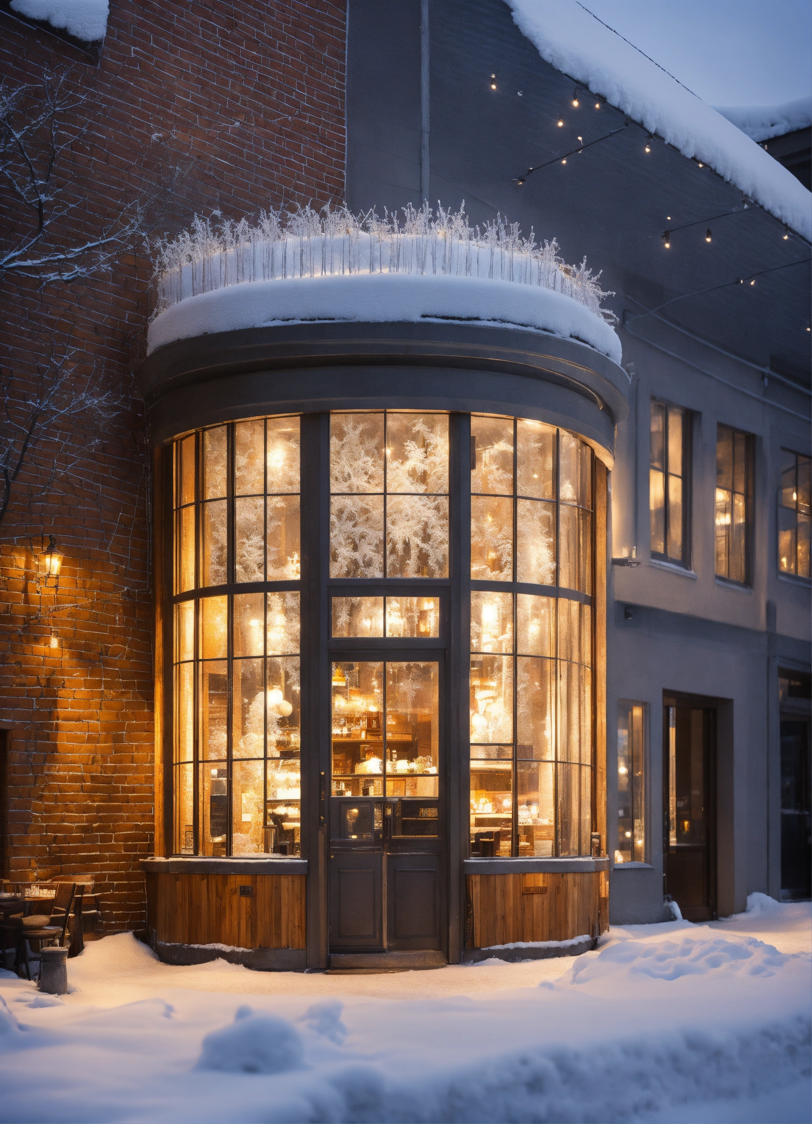 Lexica - Front view of a restaurant exterior entrance in winter, blend ...