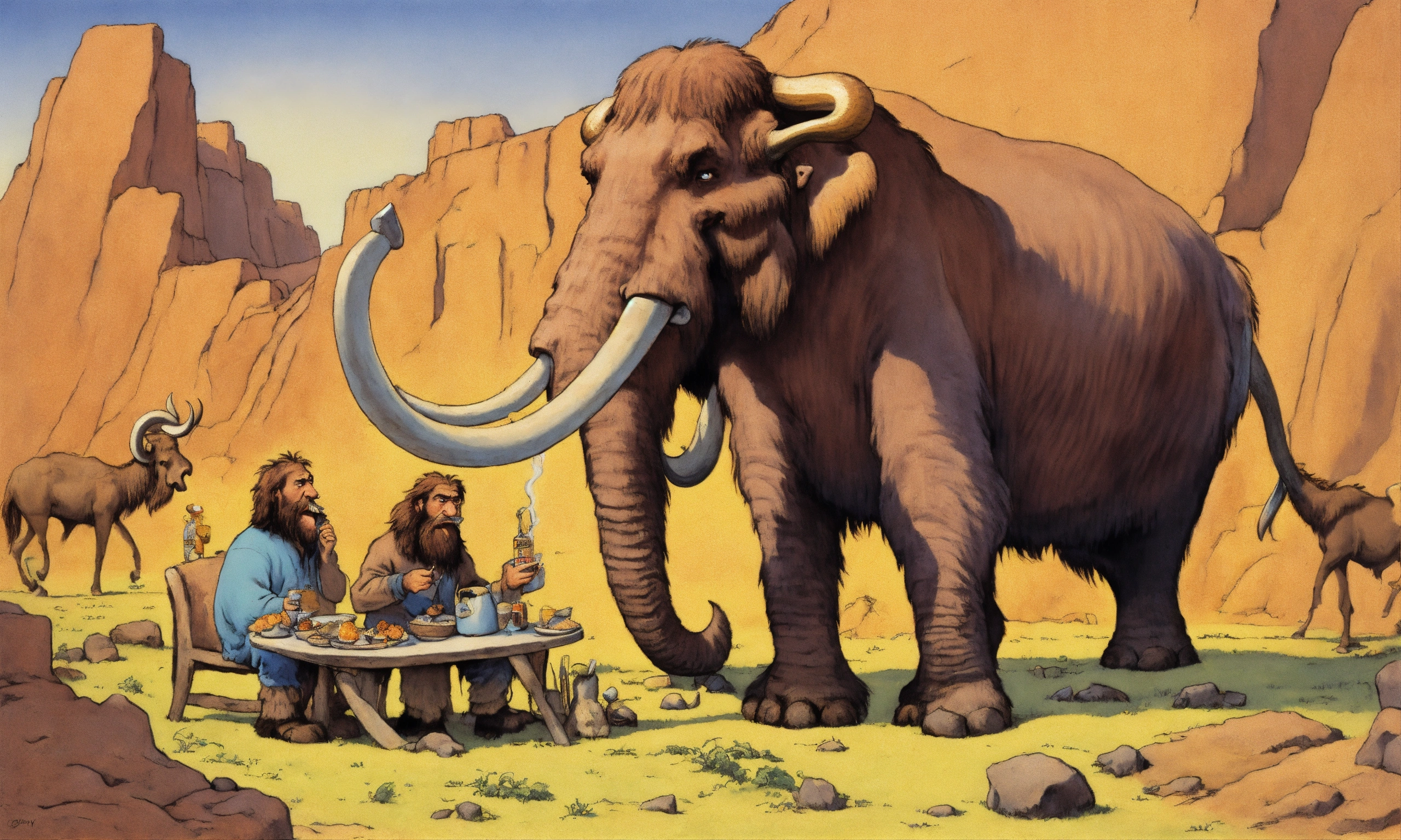 Lexica - Cavemen eating mammoth in the style of Gary Larson