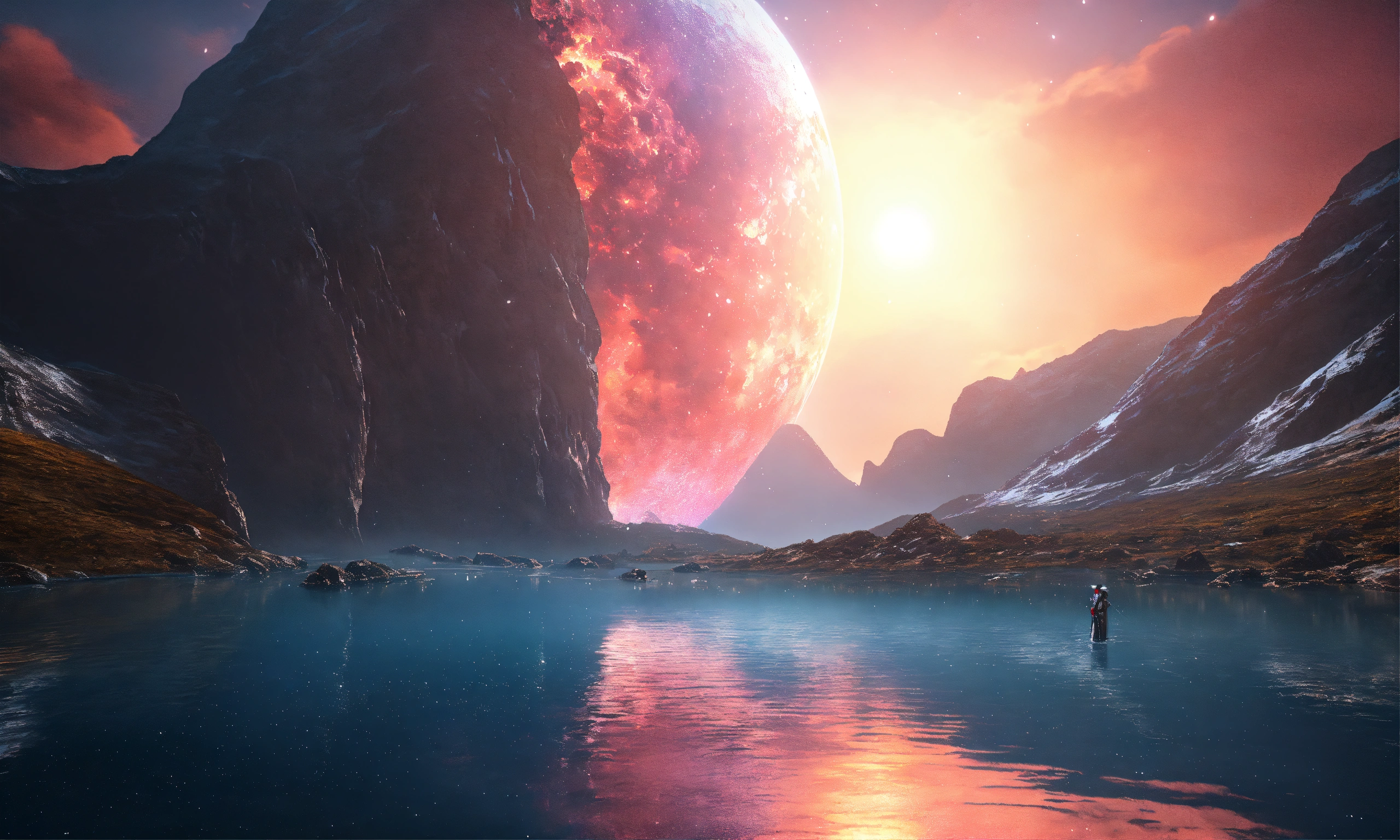 Lexica - Two ethereal water angel, mountain nebula, sun backgound ...