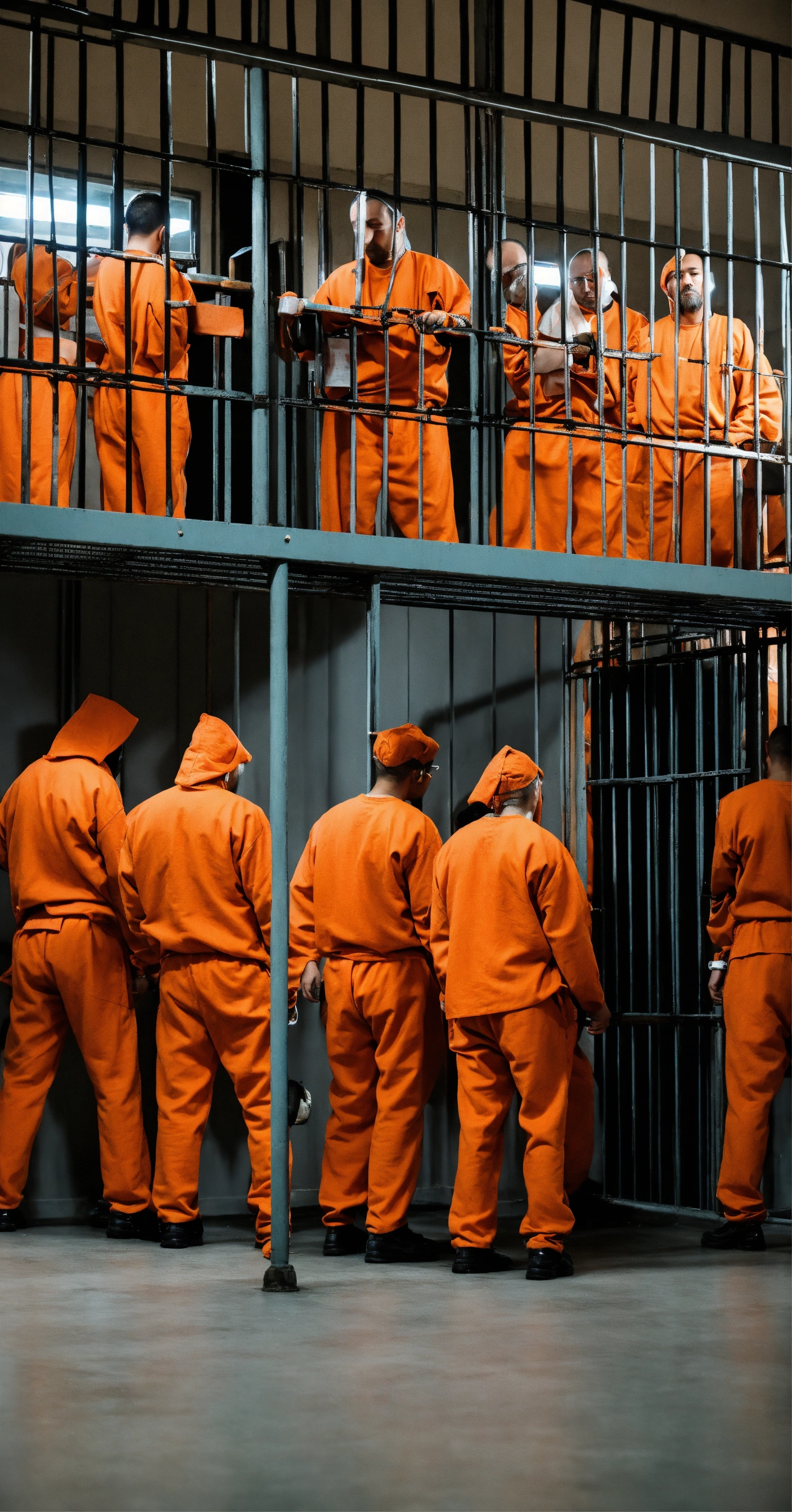 Lexica - Prisoner group,dressed in orange prison garb,standing,everyone ...