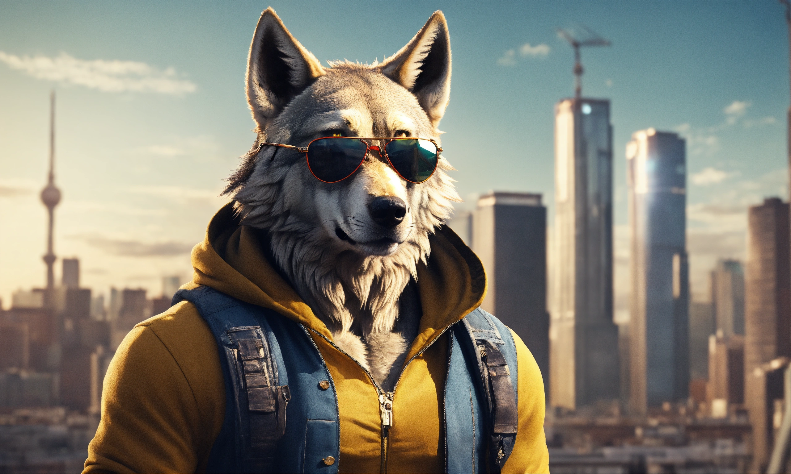 Lexica - A humanised modern tall wolf, with muscles, city background ...